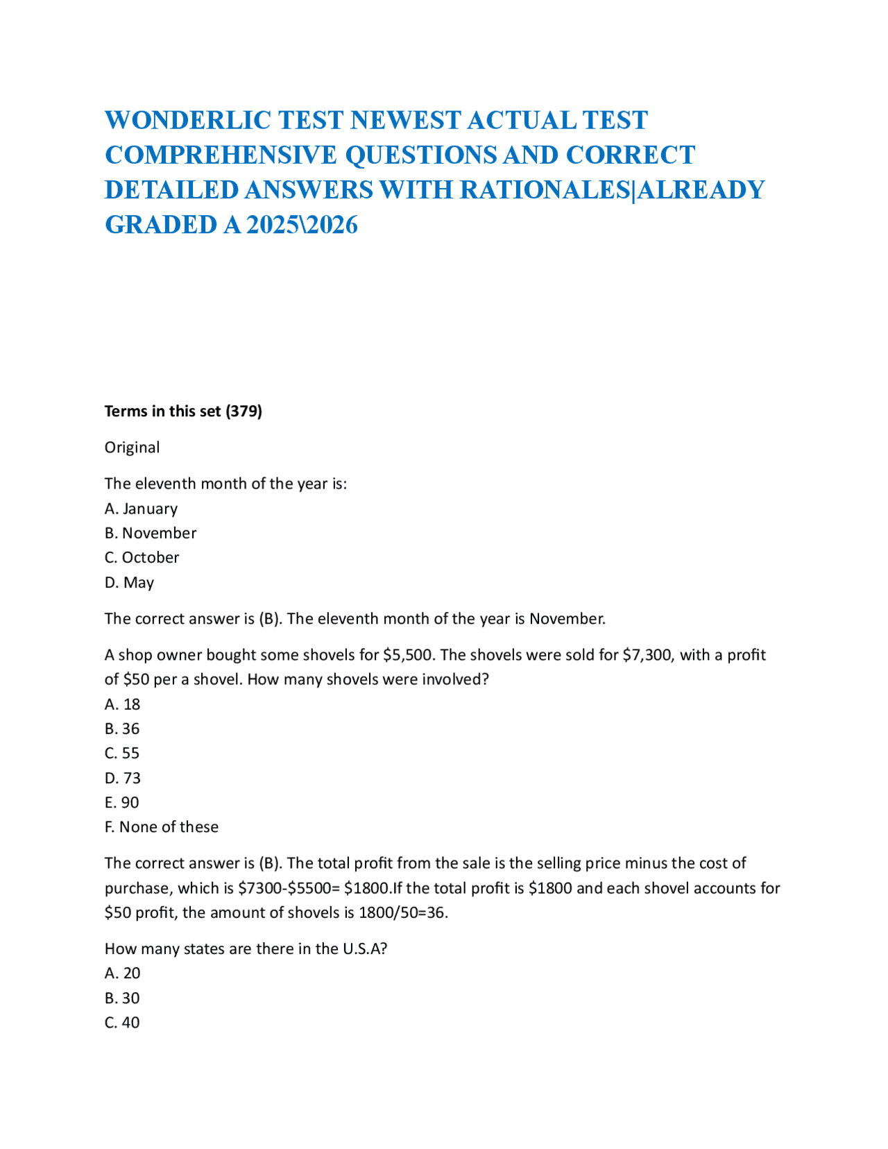 WONDERLIC TEST NEWEST ACTUAL TEST COMPREHENSIVE QUESTIONS AND CORRECT ...