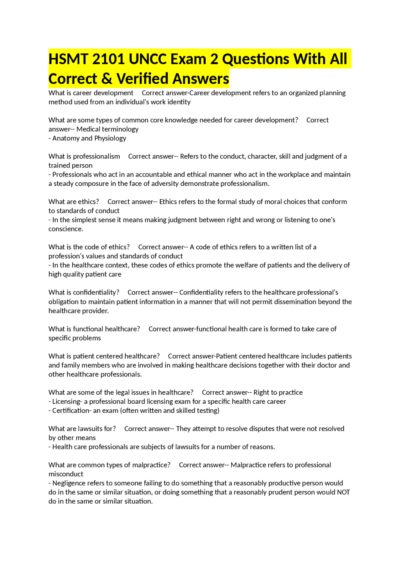 HSMT 2101 UNCC Exam 2 Questions With All Correct & Verified Answers ...