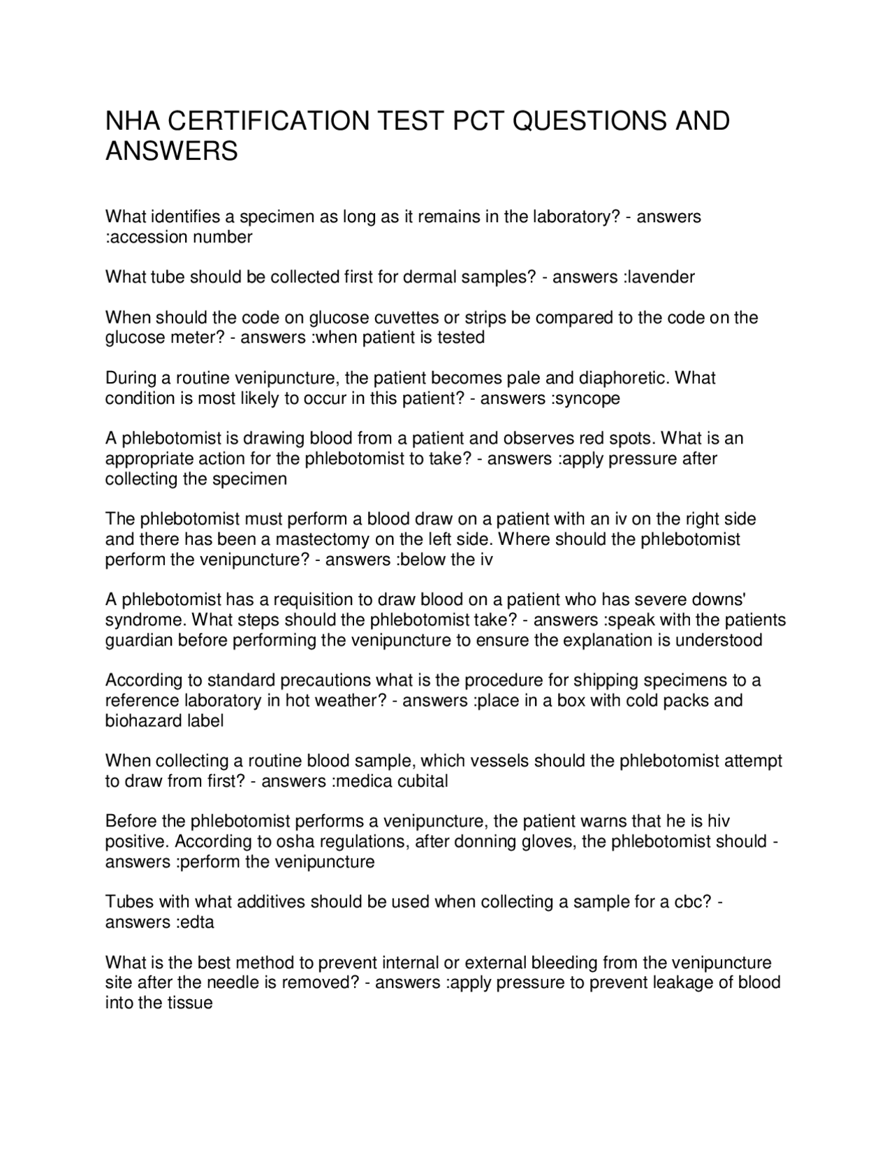 NHA CERTIFICATION TEST PCT QUESTIONS AND ANSWERS | Exams Nursing | Docsity