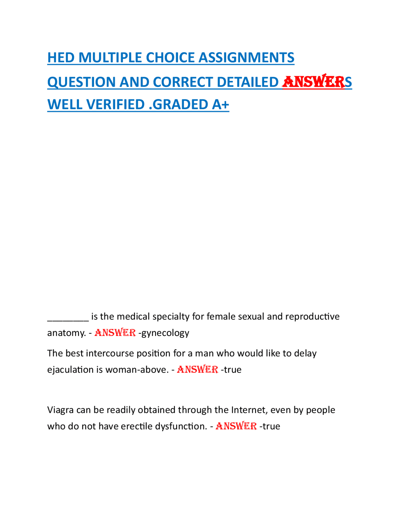 HED MULTIPLE CHOICE ASSIGNMENTS QUESTION AND CORRECT DETAILED ANSWERS ...