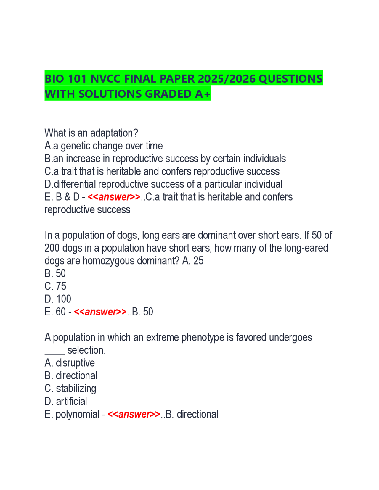 BIO 101 NVCC FINAL PAPER 2025/2026 QUESTIONS WITH SOLUTIONS GRADED A+ ...