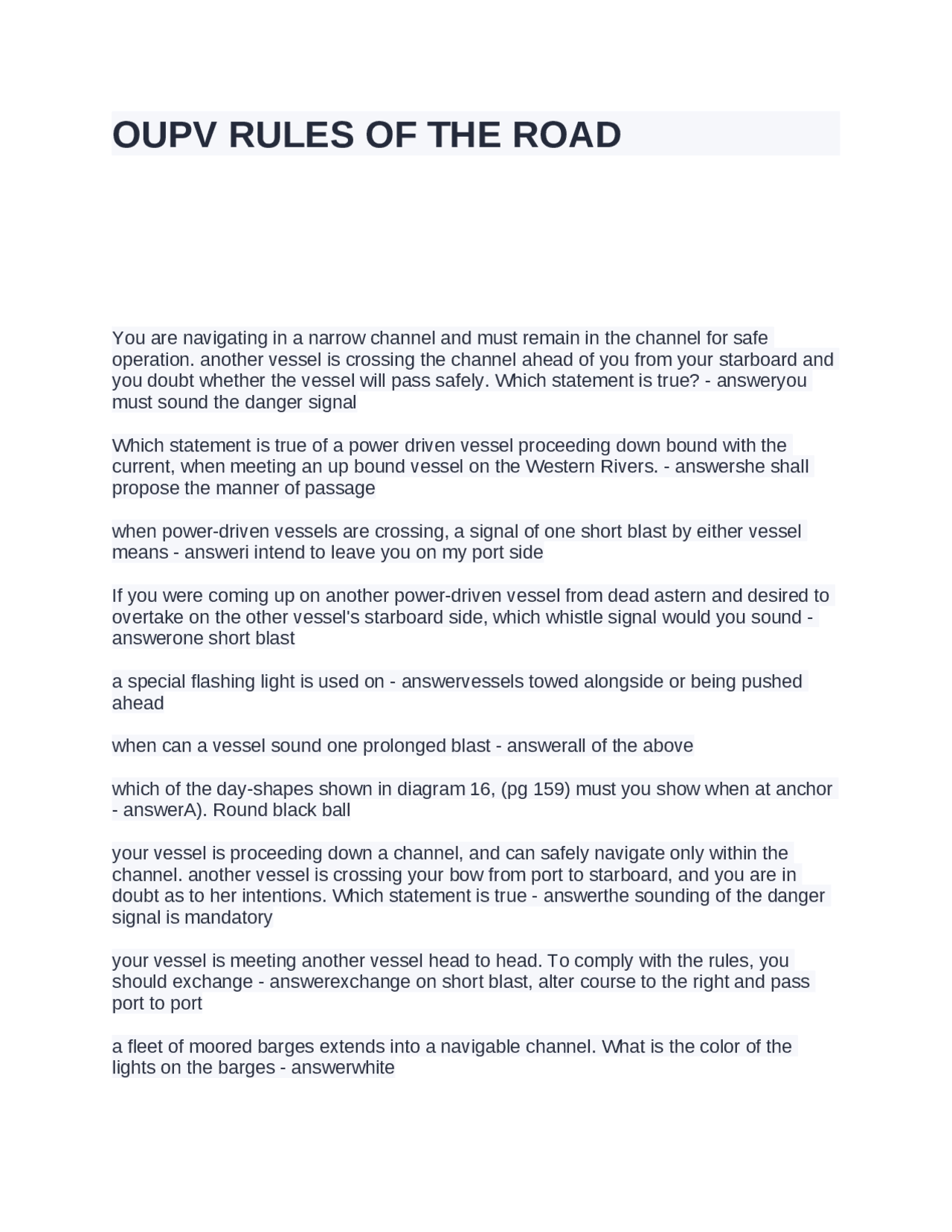 OUPV Rules of The Road Questions and Answers | Exams Advanced Education ...