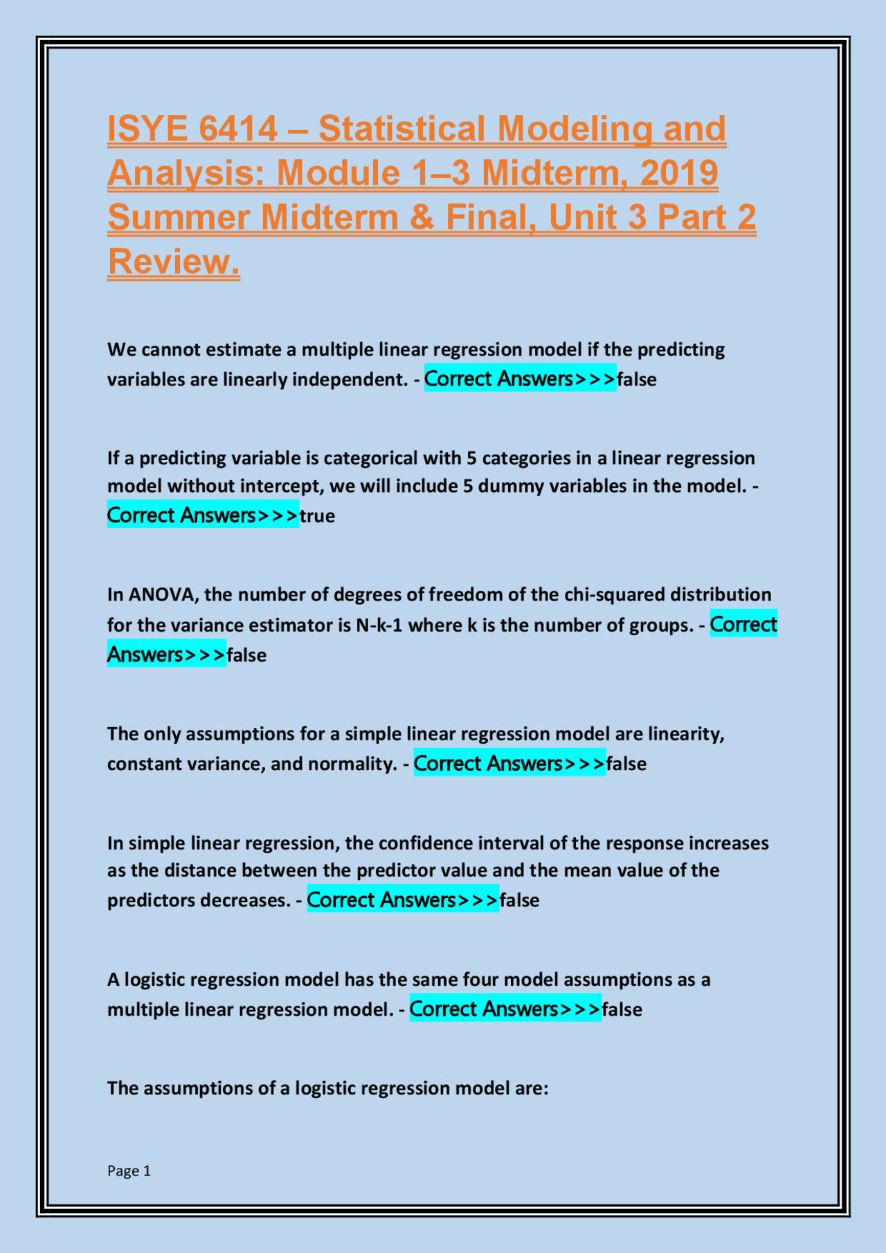 ISYE 6414 – Statistical Modeling and Analysis: Module 1–3 Midterm Summer Midterm & F | Exams ...