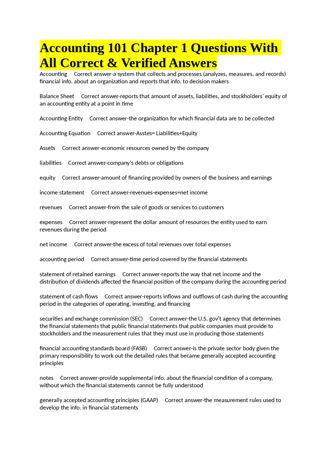 Accounting 101 Chapter 1 Questions With All Correct & Verified Answers ...