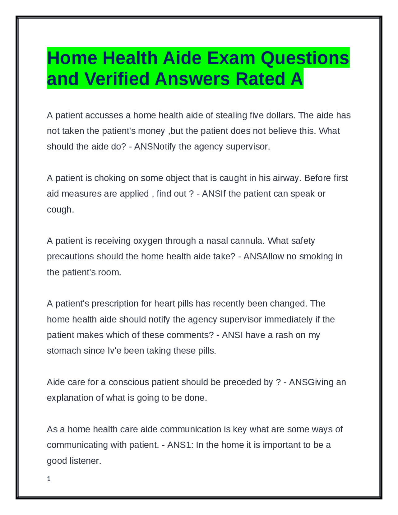 Home Health Aide Exam Questions and Verified Answers Rated A | Exams ...