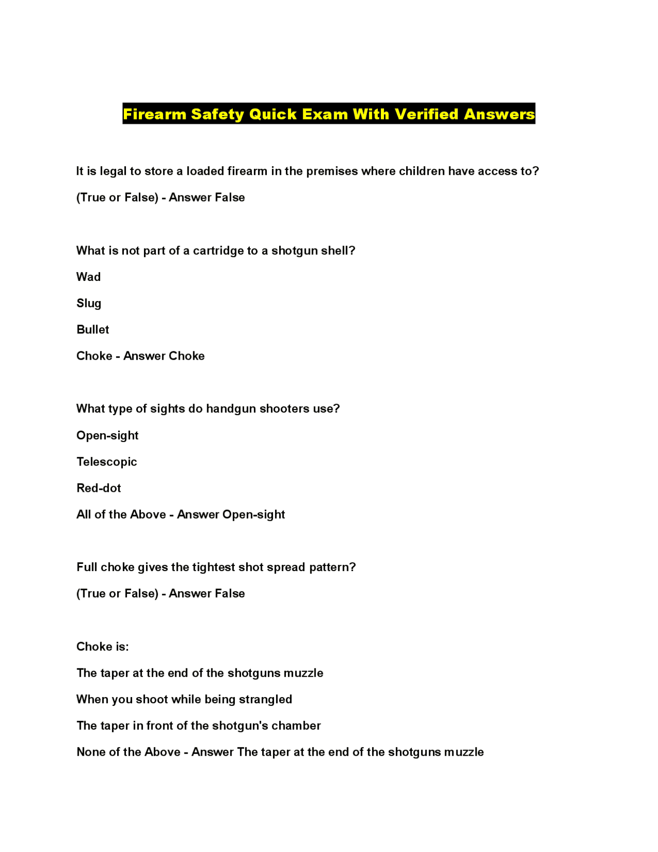 Firearm Safety Quick Exam With Verified Answers | Exams Advanced ...