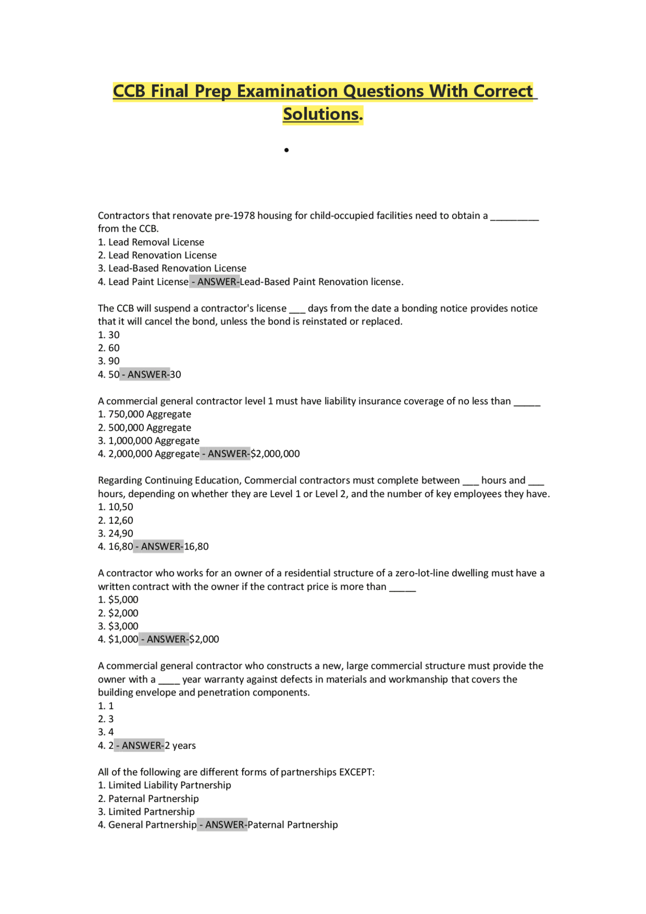 CCB Final Prep Examination Questions With Correct Solutions. | Exams ...