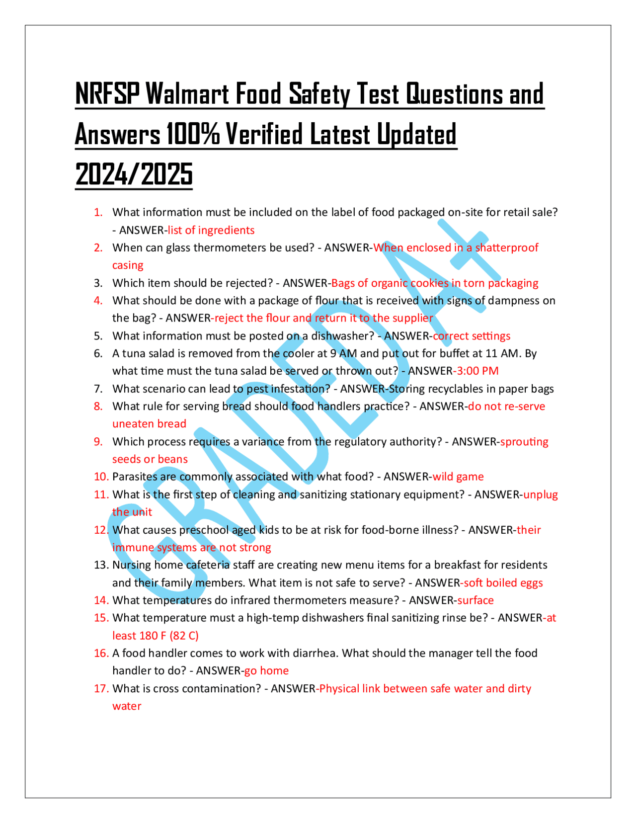 NRFSP Walmart Food Safety Test Questions and Answers 100% Verified ...