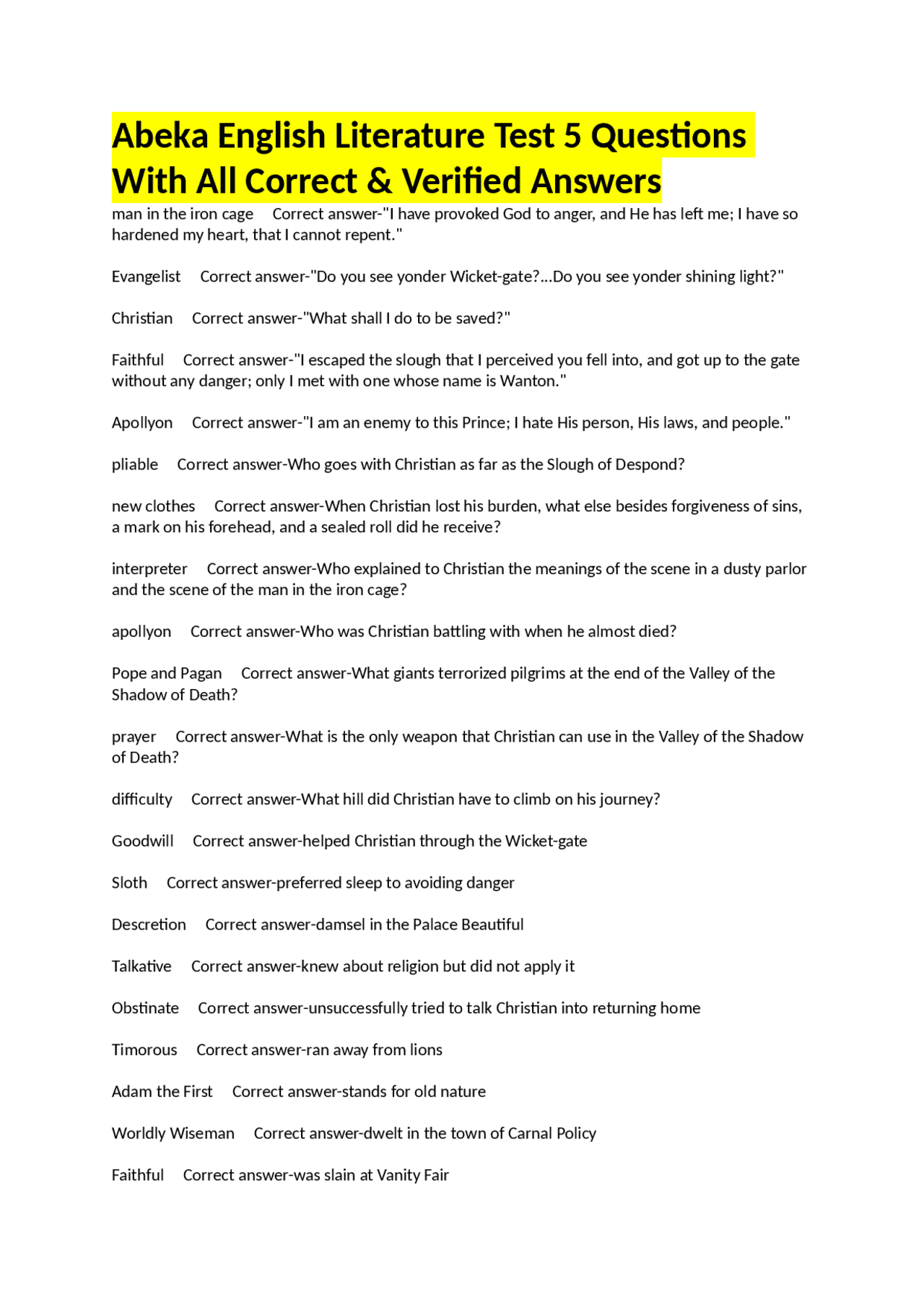 Abeka English Literature Test 5 Questions With All Correct & Verified ...