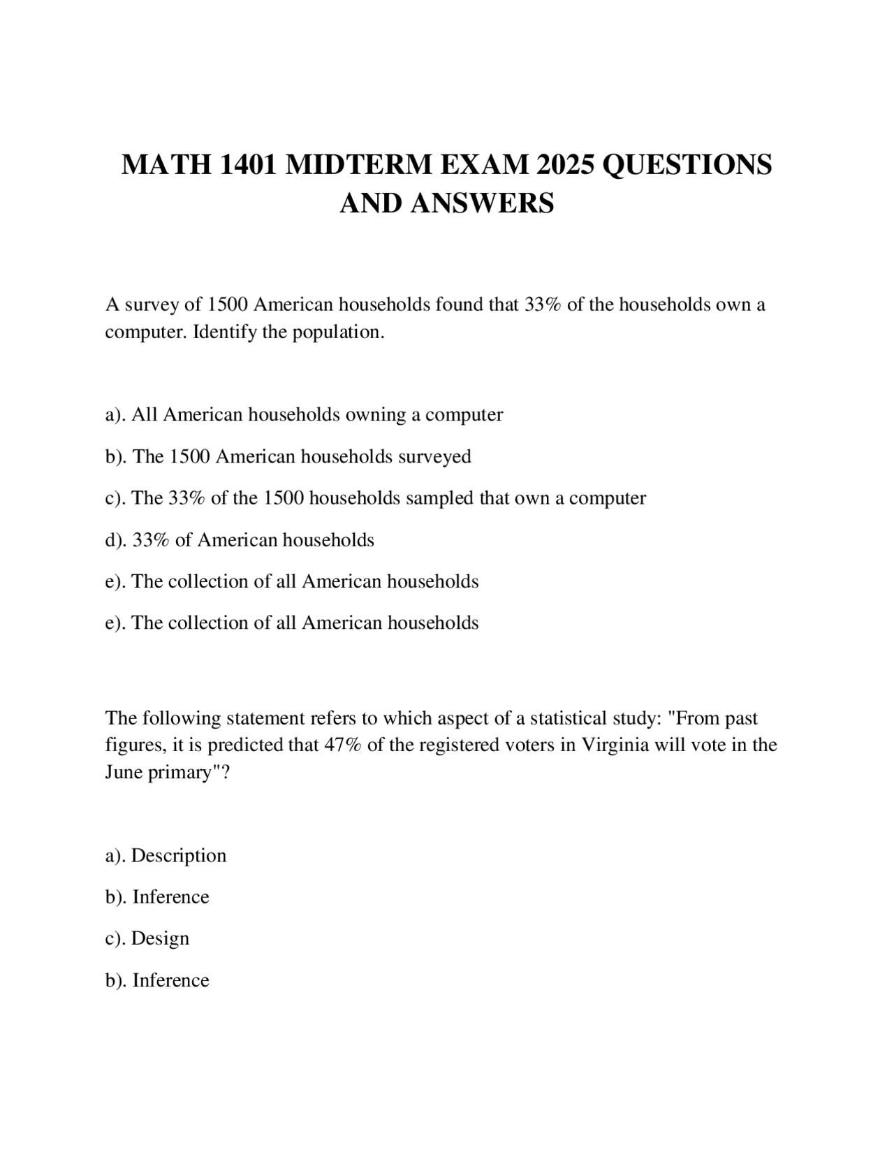 MATH 1401 MIDTERM EXAM 2025 QUESTIONS AND ANSWERS | Exams Mathematics ...