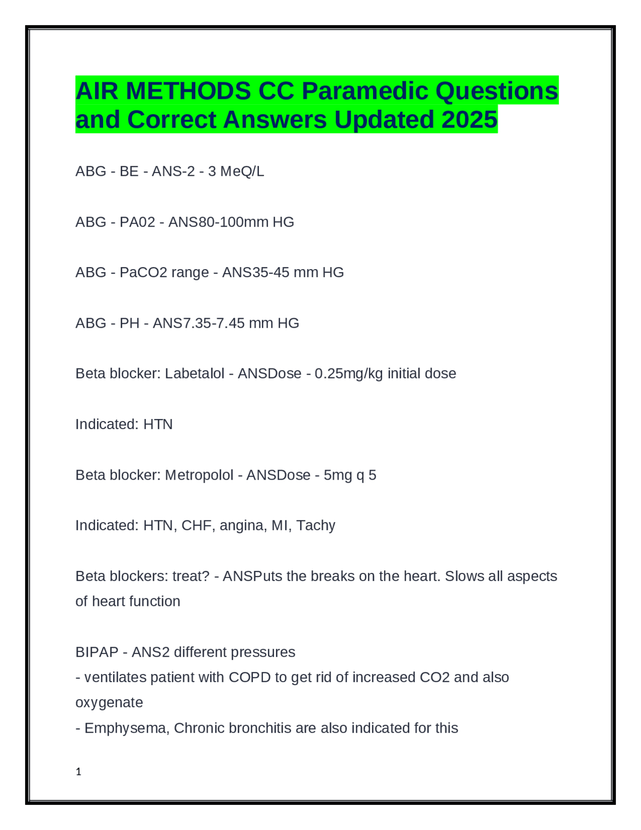 AIR METHODS CC Paramedic Questions and Correct Answers | Exams Health ...