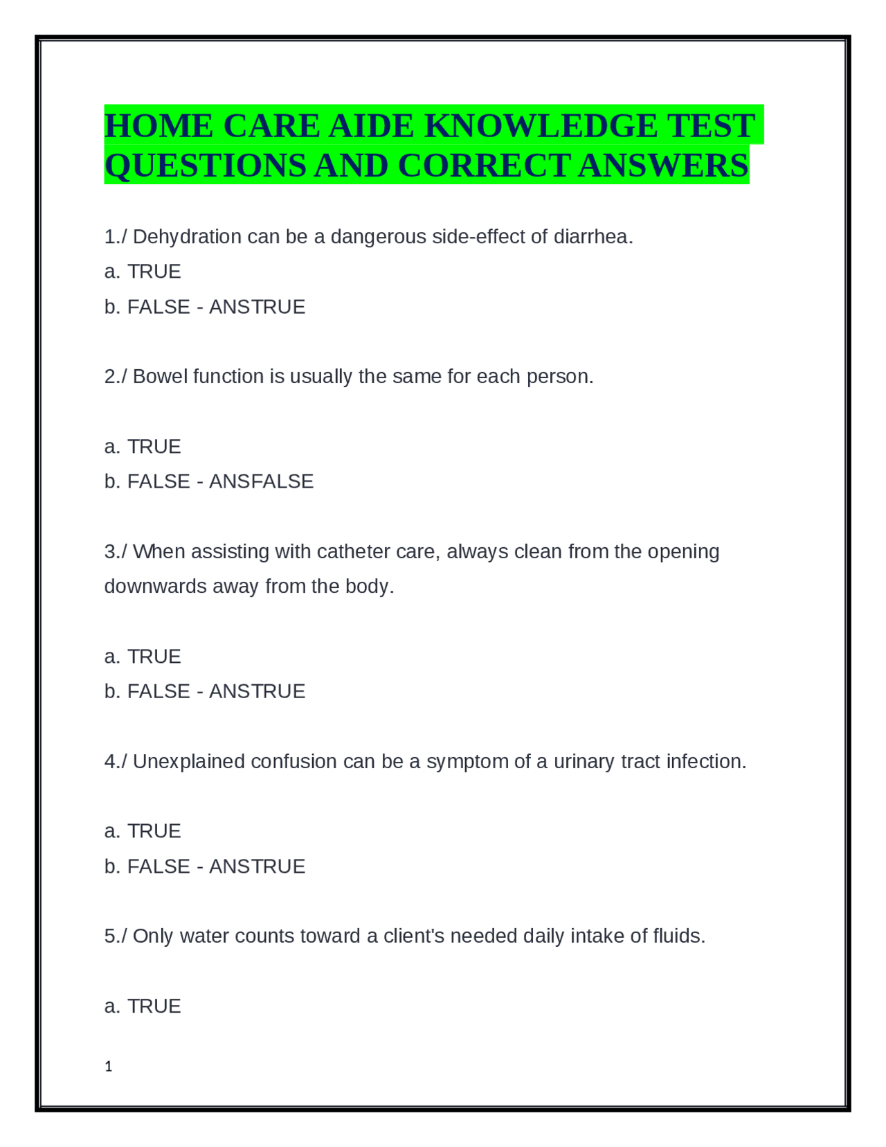 HOME CARE AIDE KNOWLEDGE TEST QUESTIONS & CORRECT ANSWERS | Exams ...