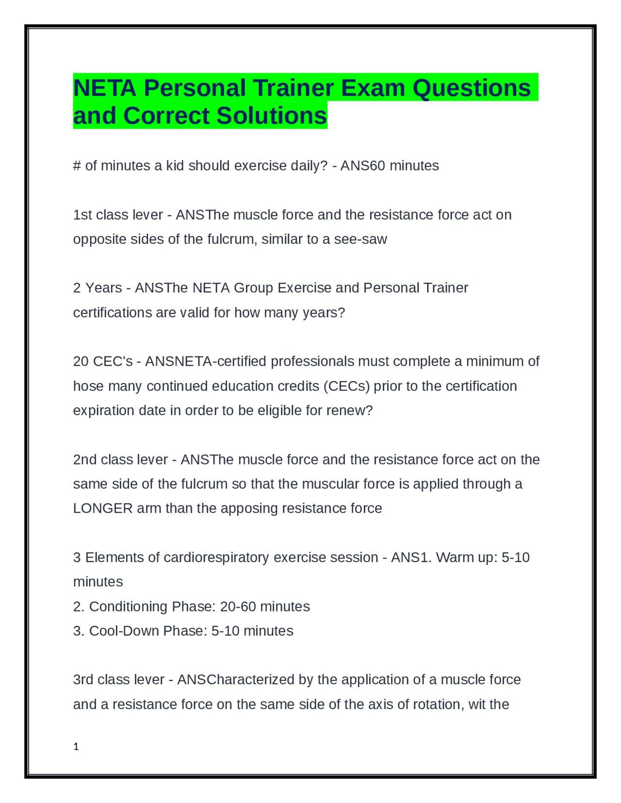 NETA Personal Trainer Exam Questions and Correct Solutions | Exams ...