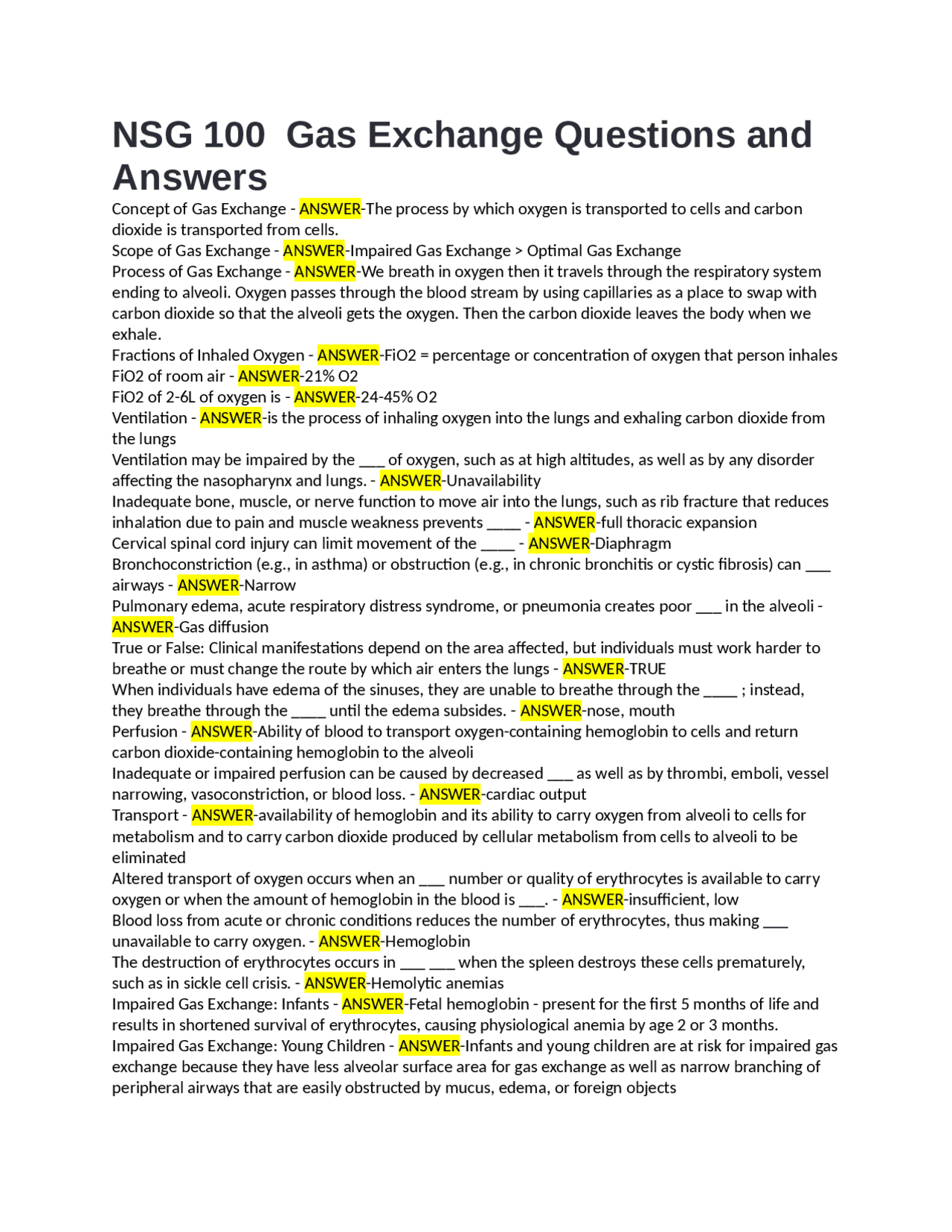 NSG 100 Gas Exchange Questions and Answers | Exams Nursing | Docsity
