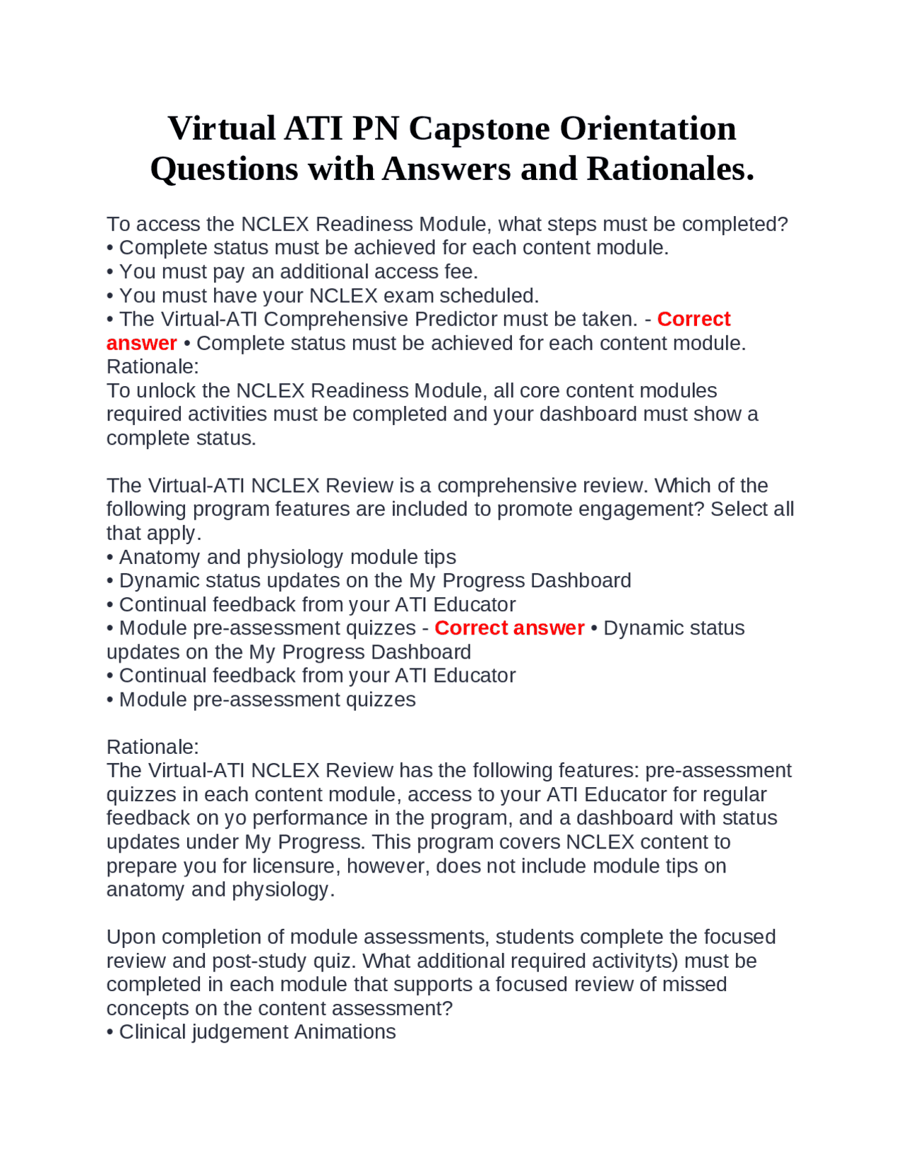 Virtual ATI PN Capstone Orientation Questions with Answers and ...