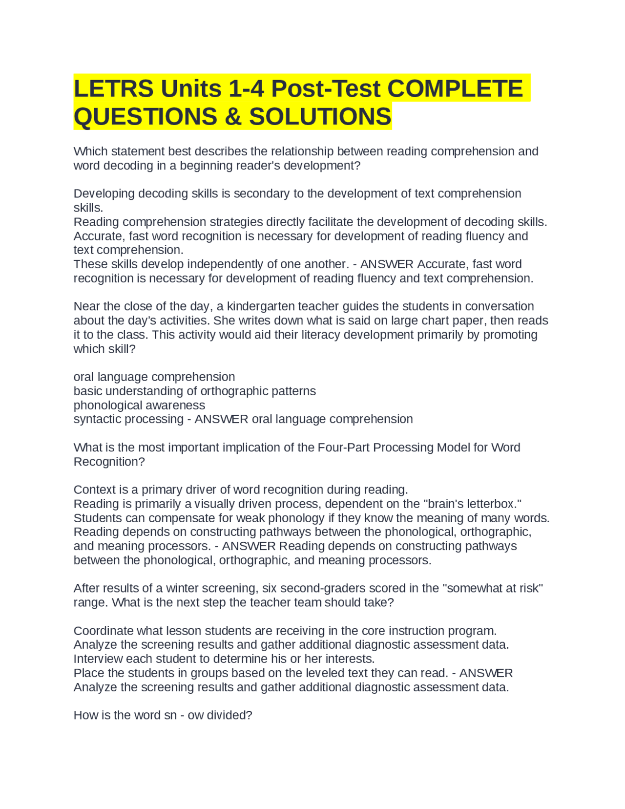 LETRS Units 1-4 Post-Test COMPLETE QUESTIONS & SOLUTIONS | Exams ...