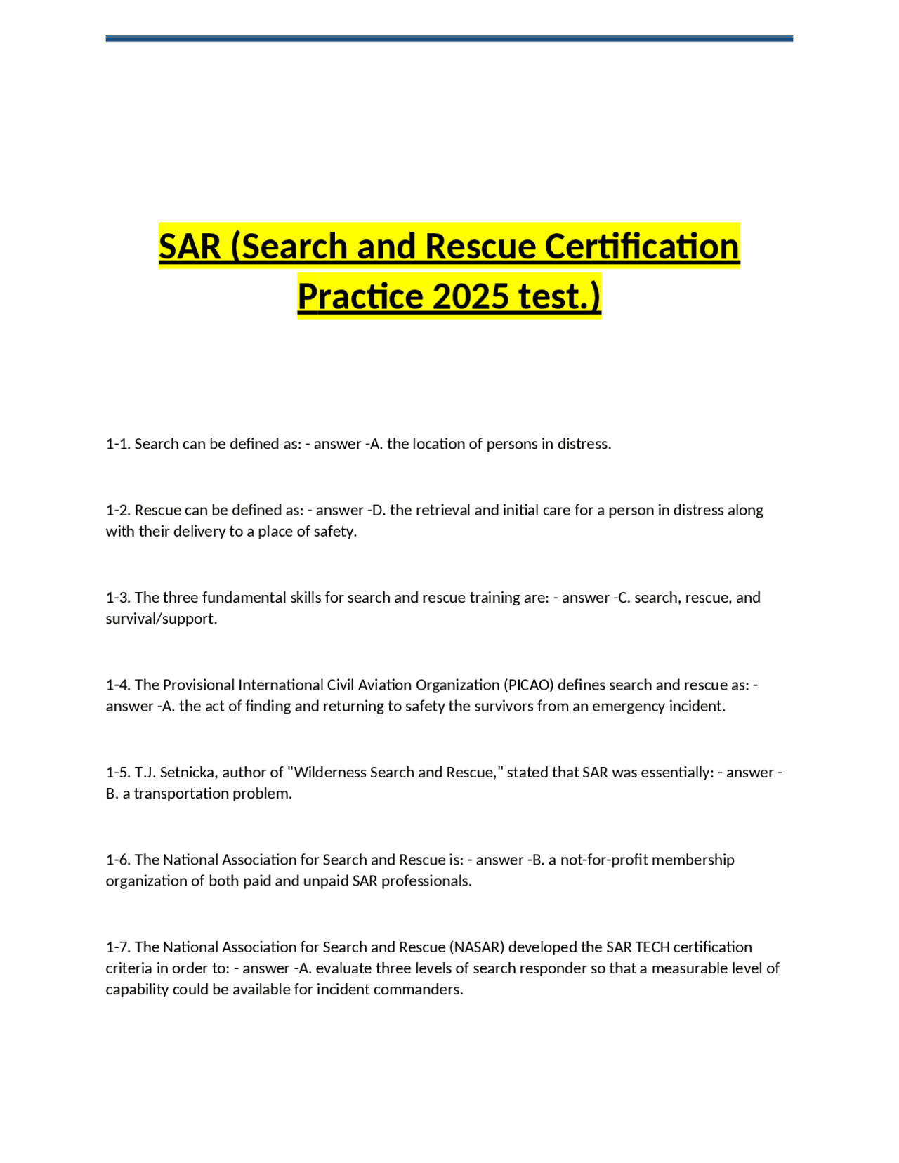 SAR (Search and Rescue Certification Practice 2025 test.).docx | Exams ...