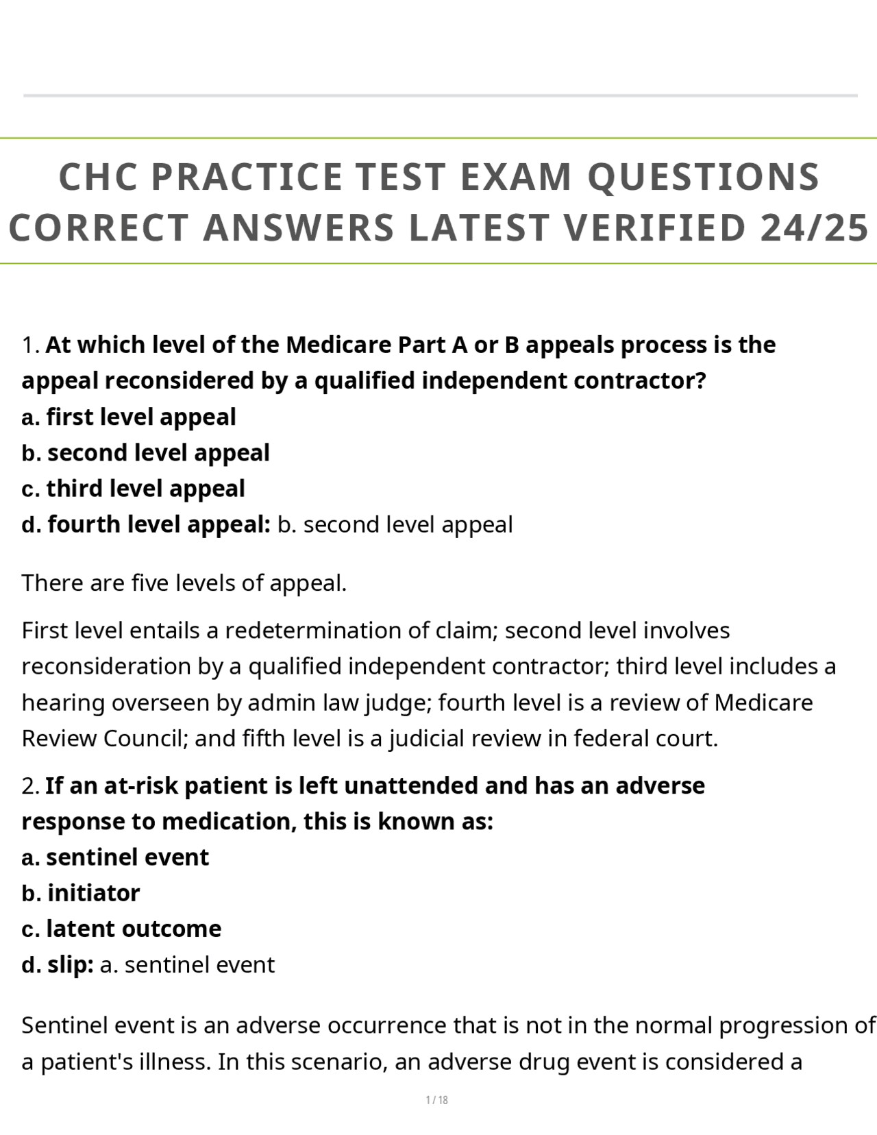 CHC PRACTICE TEST EXAM QUESTIONS CORRECT ANSWERS LATEST VERIFIED 24/25 ...
