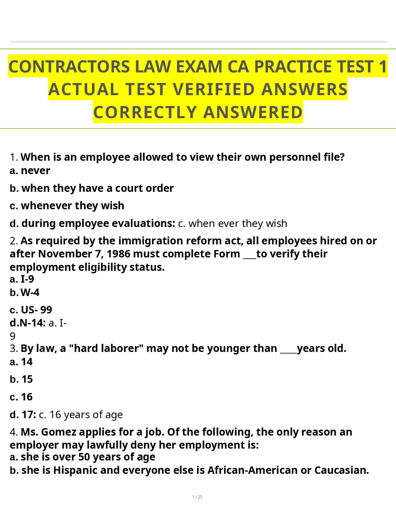 CONTRACTORS LAW EXAM CA PRACTICE TEST 1 ACTUAL TEST VERIFIED ANSWERS ...