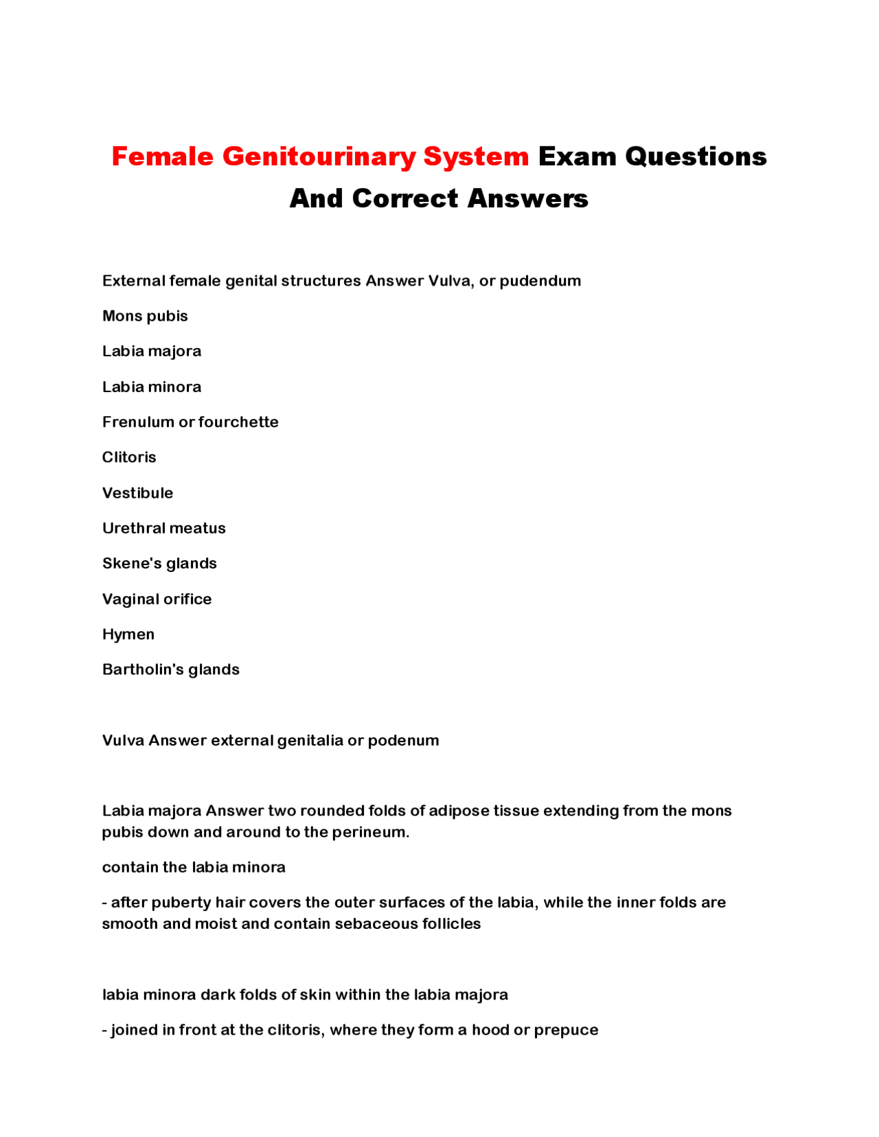 Female Genitourinary System Exam Questions And Correct Answers | Exams ...