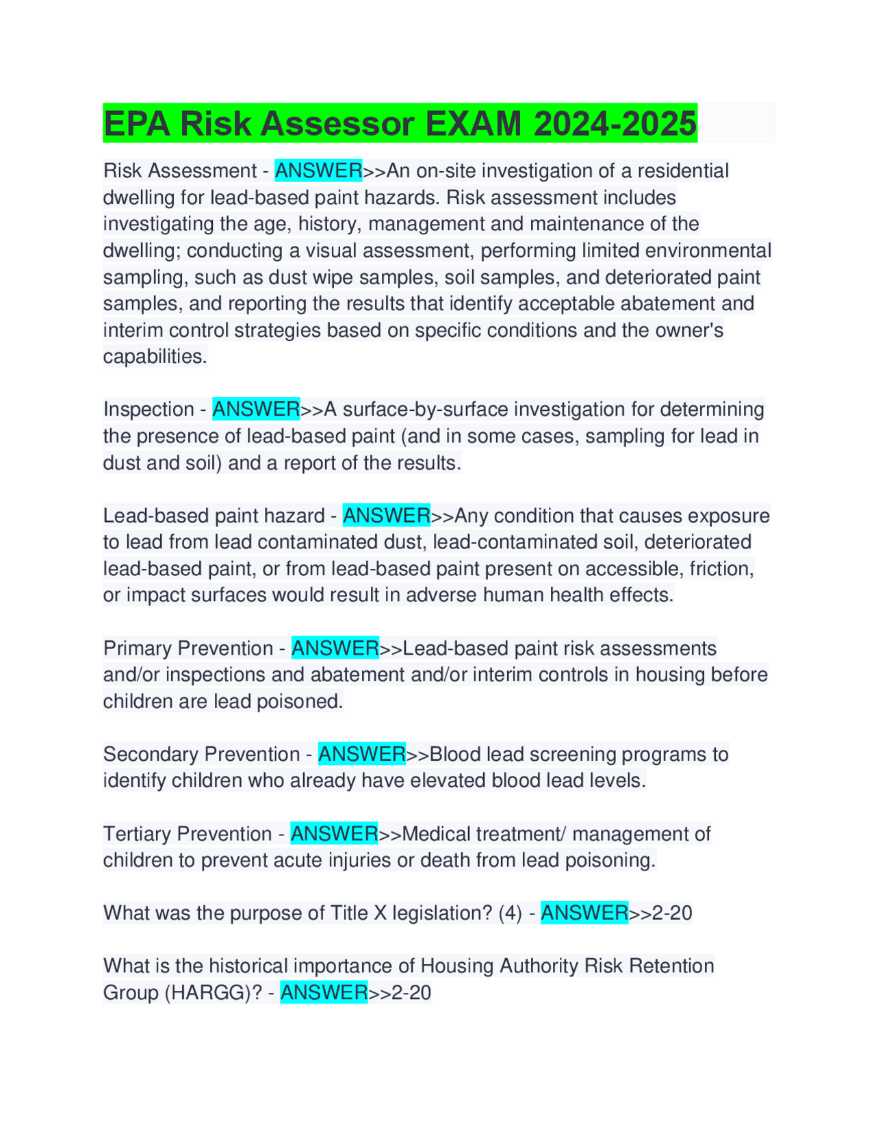 EPA Risk Assessor EXAM 2024-2025 | Exams Nursing | Docsity