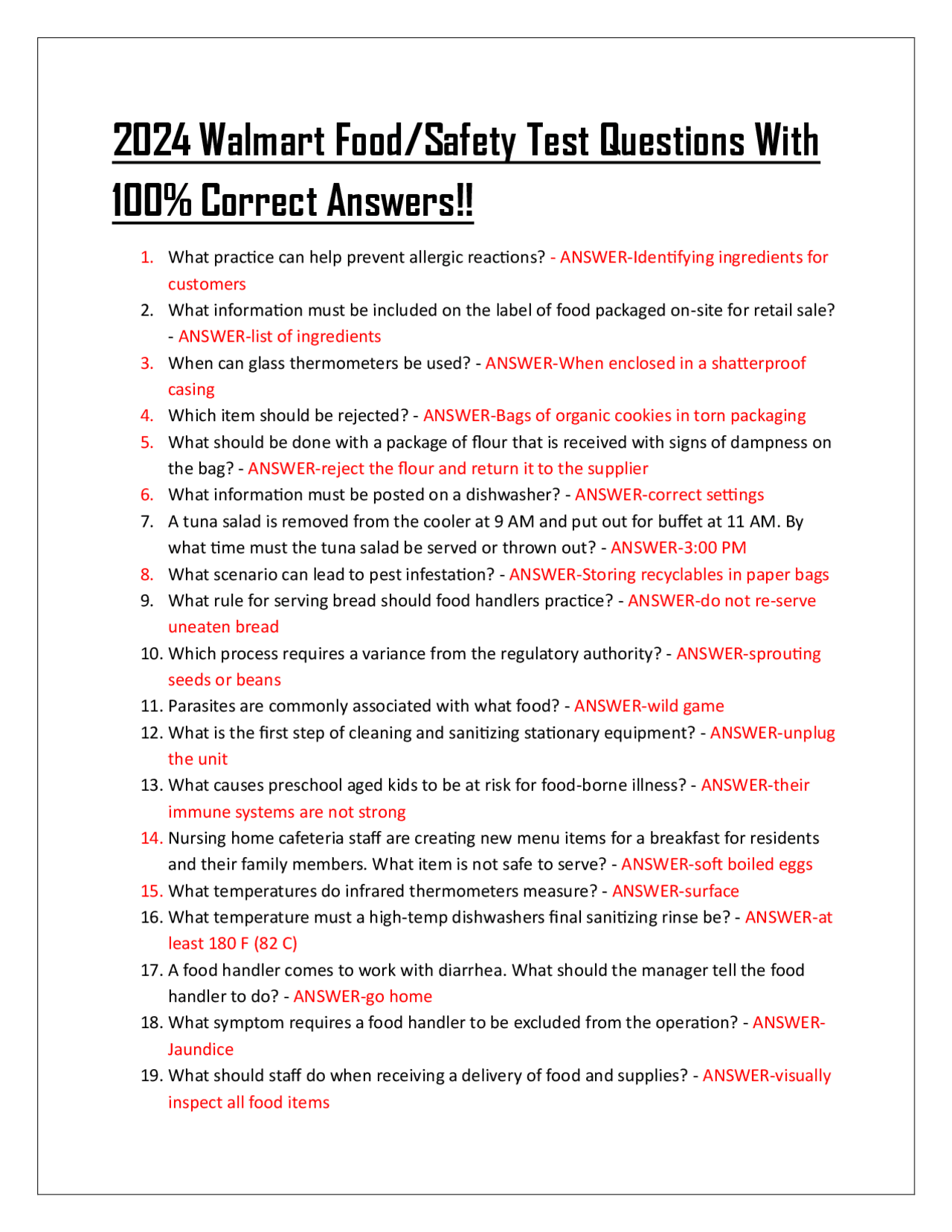2024 Walmart Food/Safety Test Questions With 100% Correct Answers ...