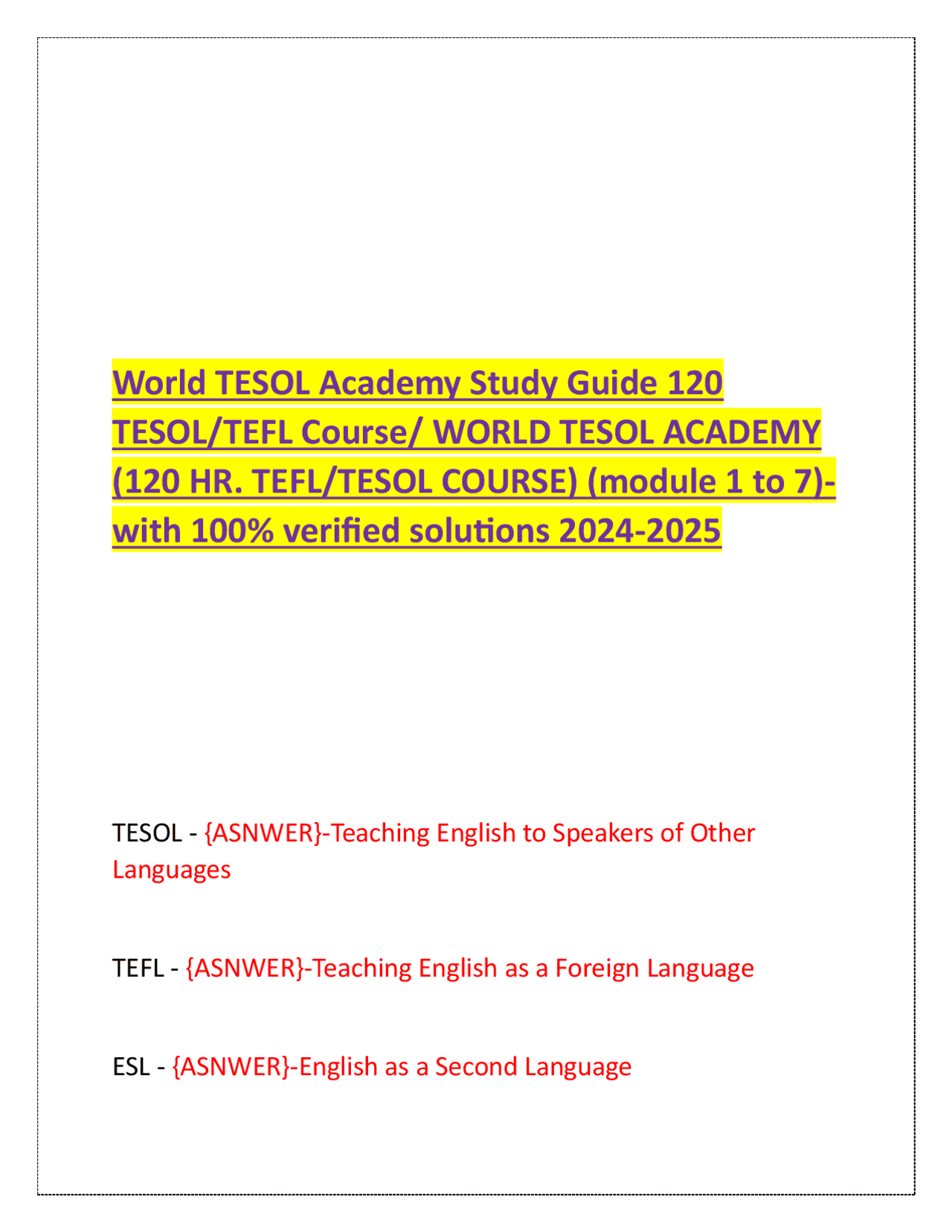 World TESOL Academy Study Guide 120 TESOL/TEFL Course/ WORLD TESOL ...