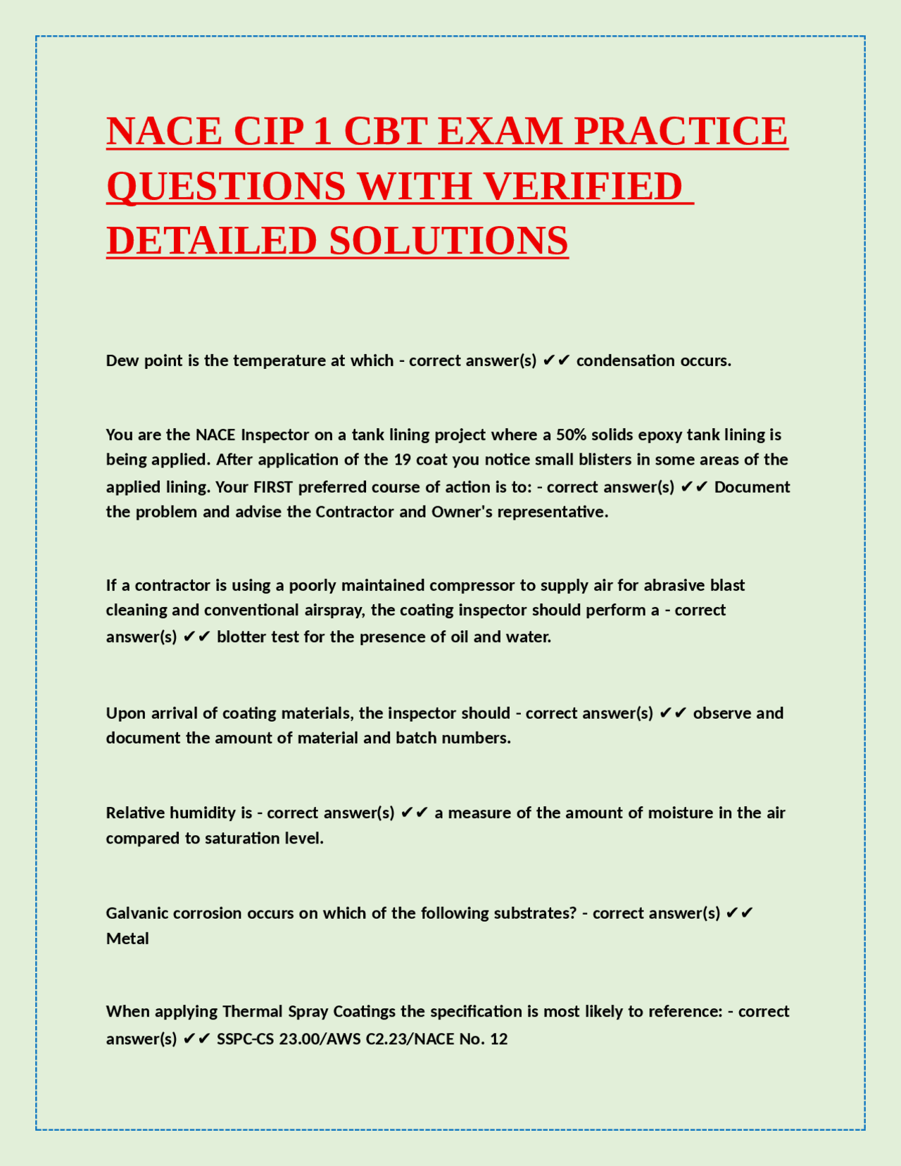 NACE CIP 1 CBT EXAM PRACTICE QUESTIONS [189 questions] WITH VERIFIED ...