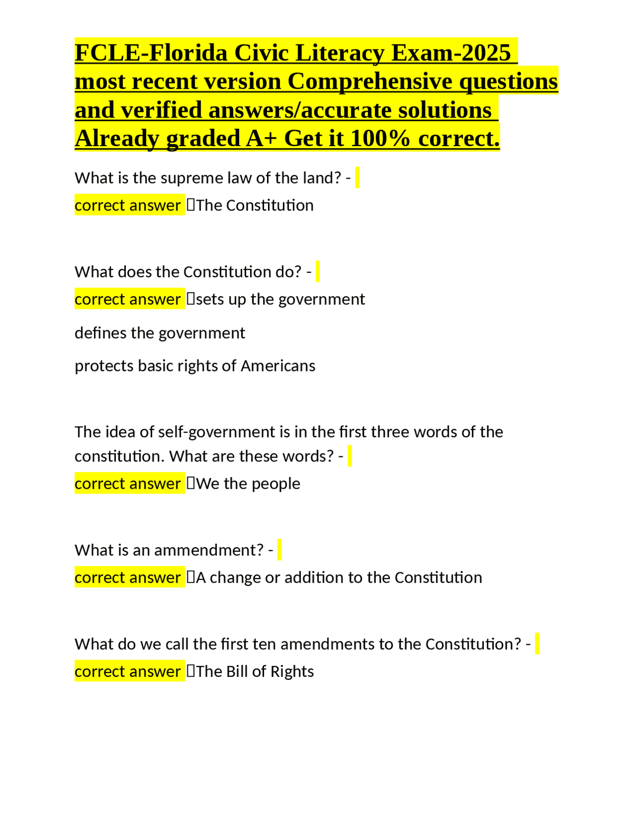 FCLE-Florida Civic Literacy Exam-2025 most recent version Comprehensive ...