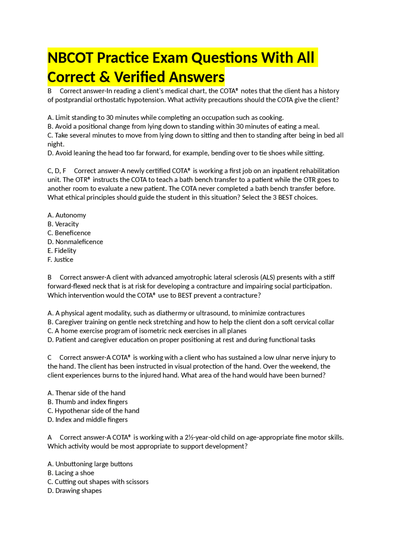 NBCOT Practice Exam Questions With All Correct & Verified Answers ...