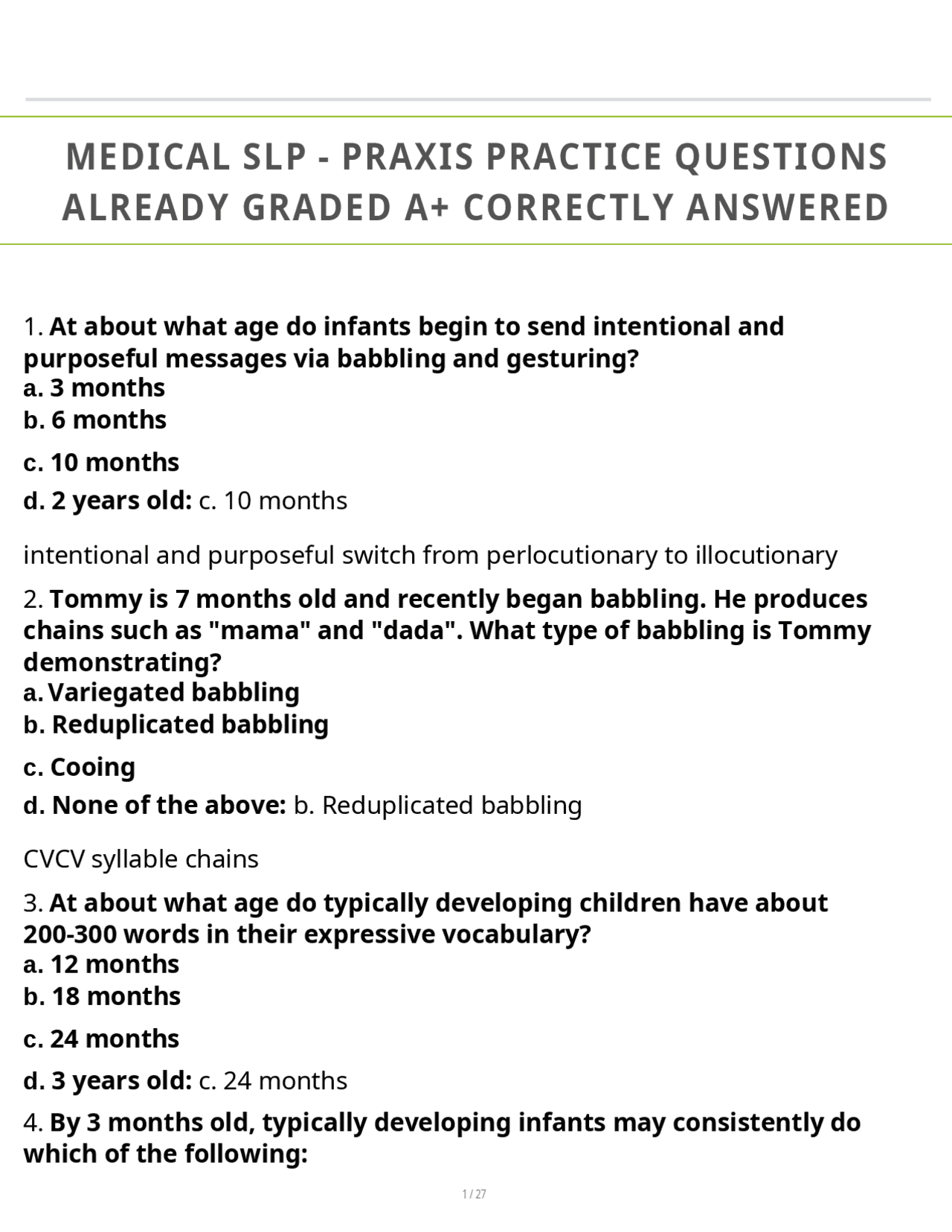 MEDICAL SLP - PRAXIS PRACTICE QUESTIONS ALREADY GRADED A+ CORRECTLY ...