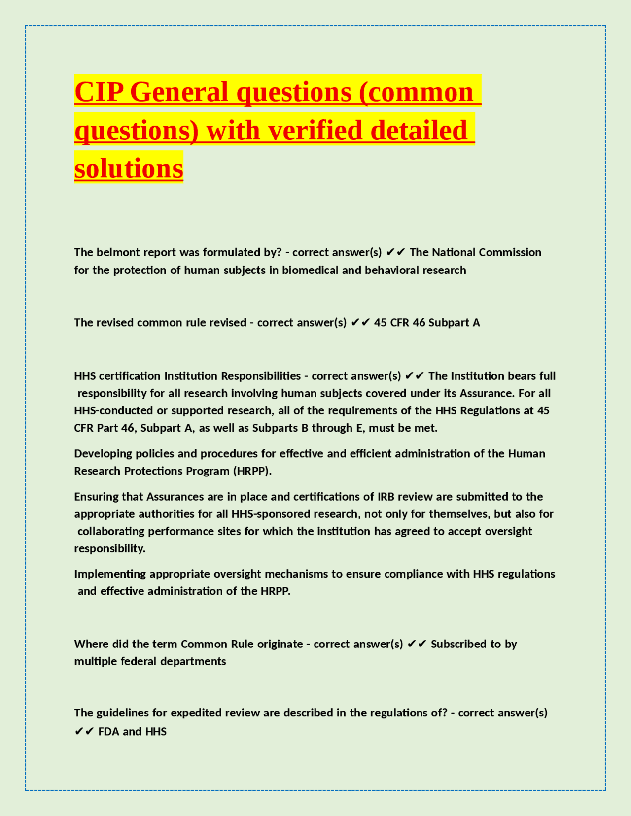CIP General questions (common questions) with verified detailed ...