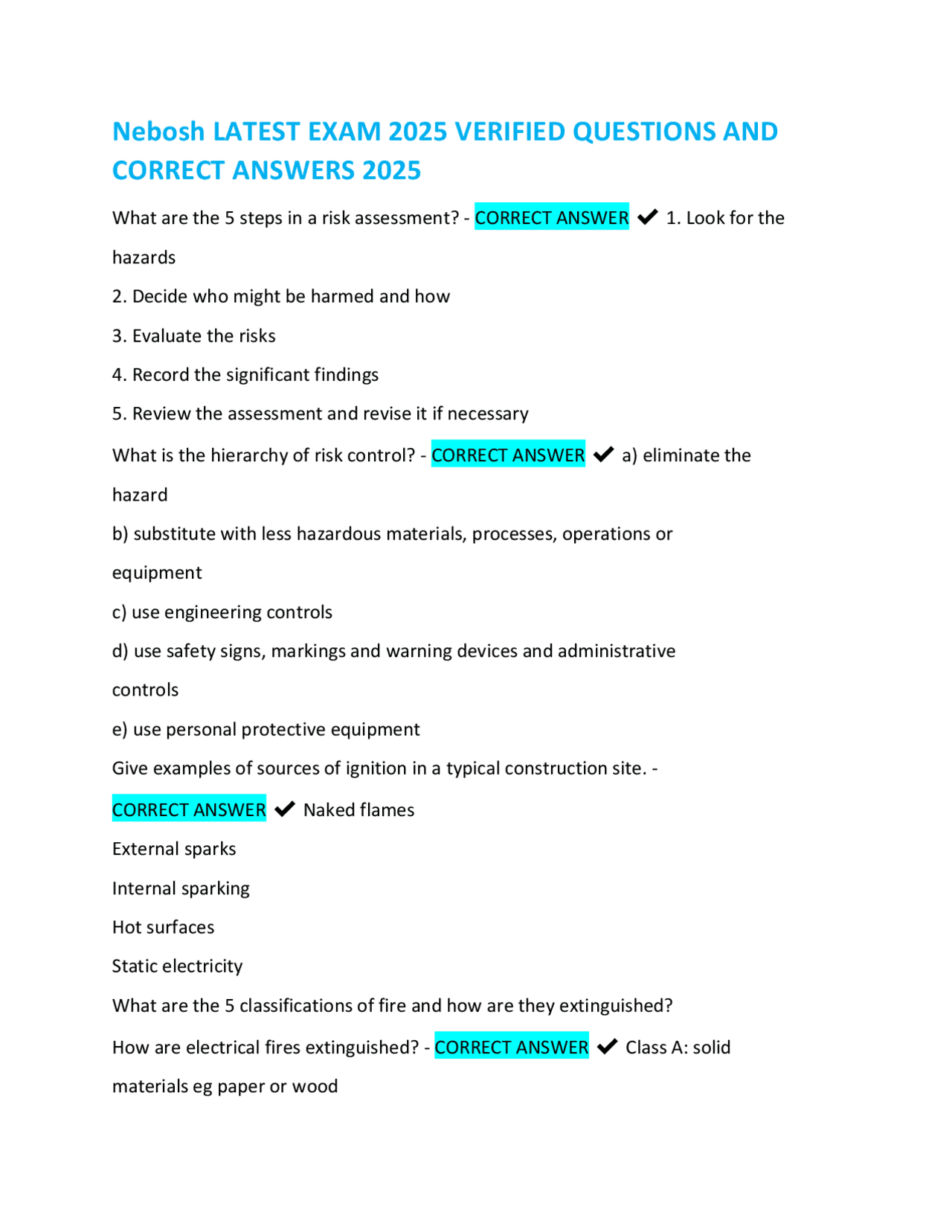 Nebosh LATEST EXAM 2025 VERIFIED QUESTIONS AND CORRECT ANSWERS 2025 ...