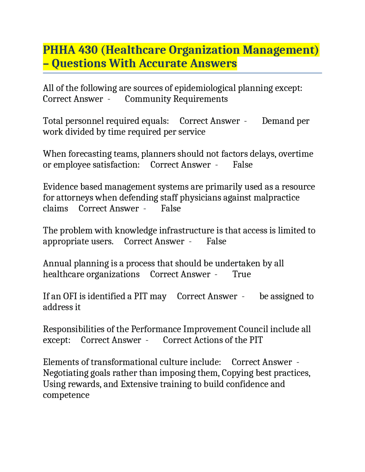 PHHA 430 (Healthcare Organization Management) – Questions With Accurate ...