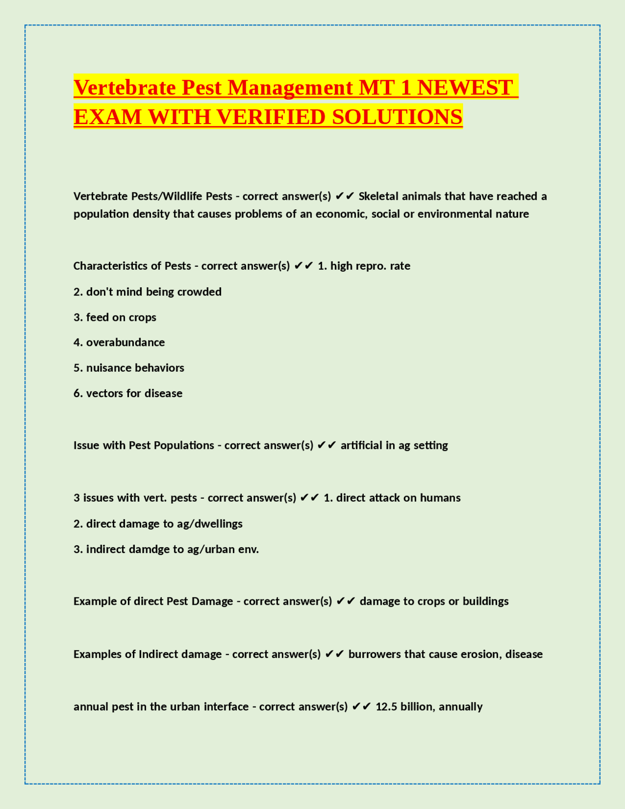 Vertebrate Pest Management MT 1 NEWEST EXAM WITH VERIFIED SOLUTIONS ...