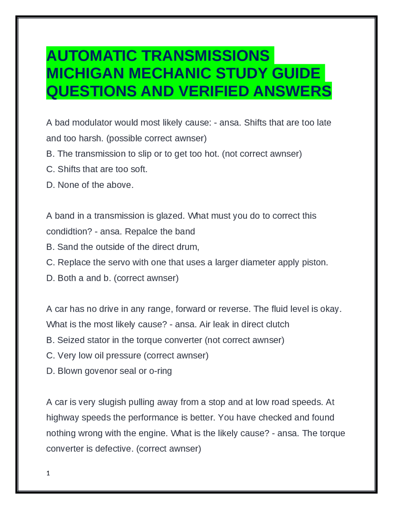 AUTOMATIC TRANSMISSIONS MICHIGAN MECHANIC STUDY GUIDE Q & A | Exams ...