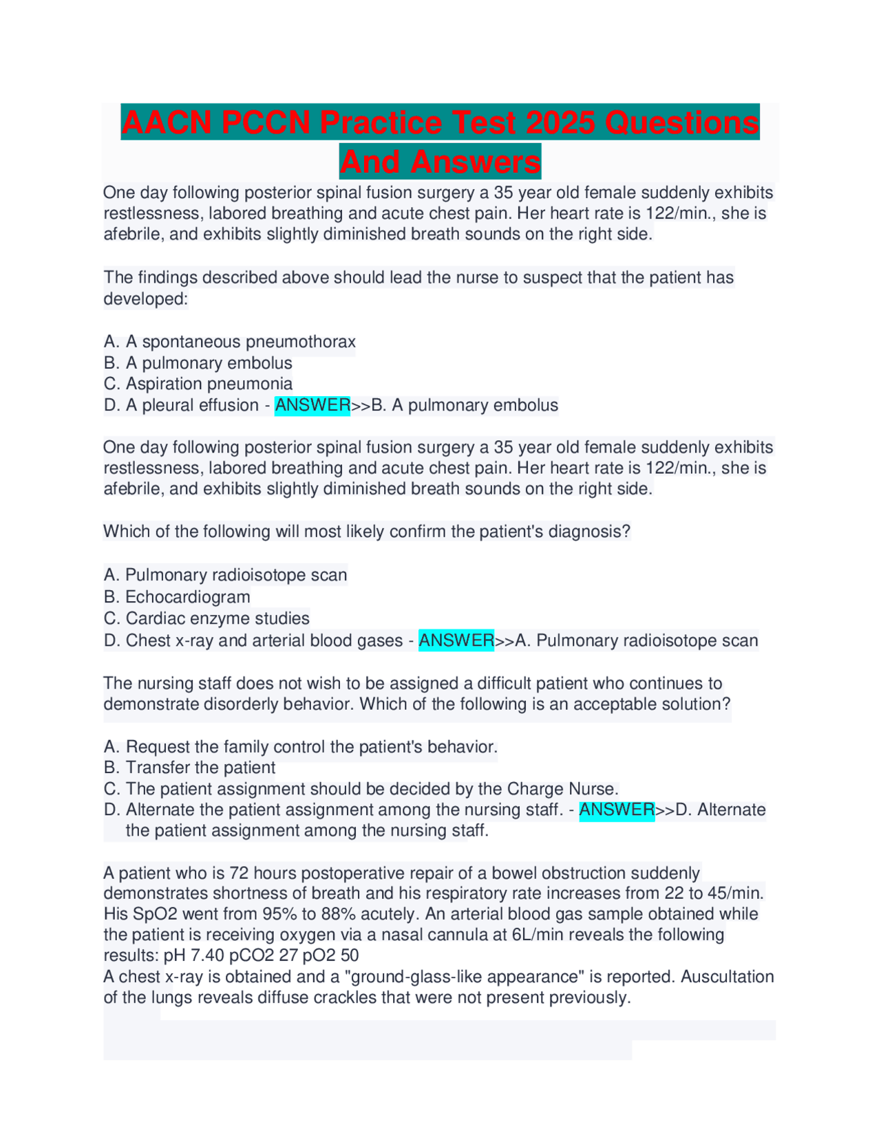 AACN PCCN Practice Test 2025 Questions And Answers | Exams Nursing ...