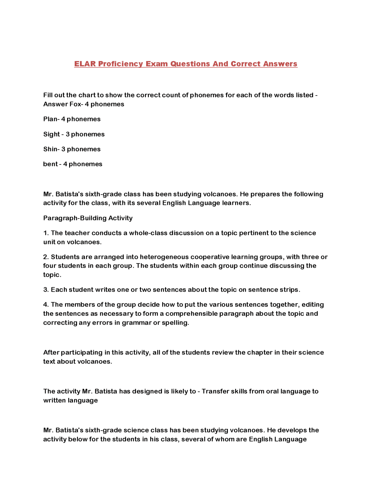 ELAR Proficiency Exam Questions And Correct Answers | Exams Advanced ...