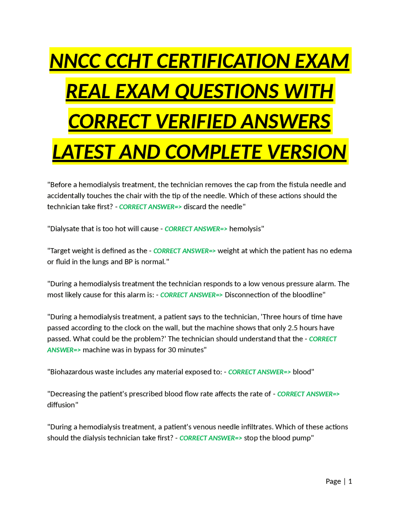 NNCC CCHT CERTIFICATION EXAM REAL EXAM QUESTIONS WITH CORRECT VERIFIED ...