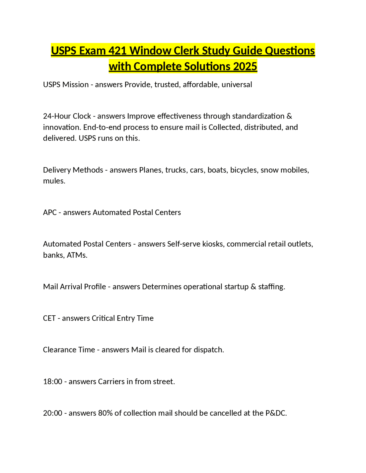 USPS Exam 421 Window Clerk Study Guide Questions with Complete ...
