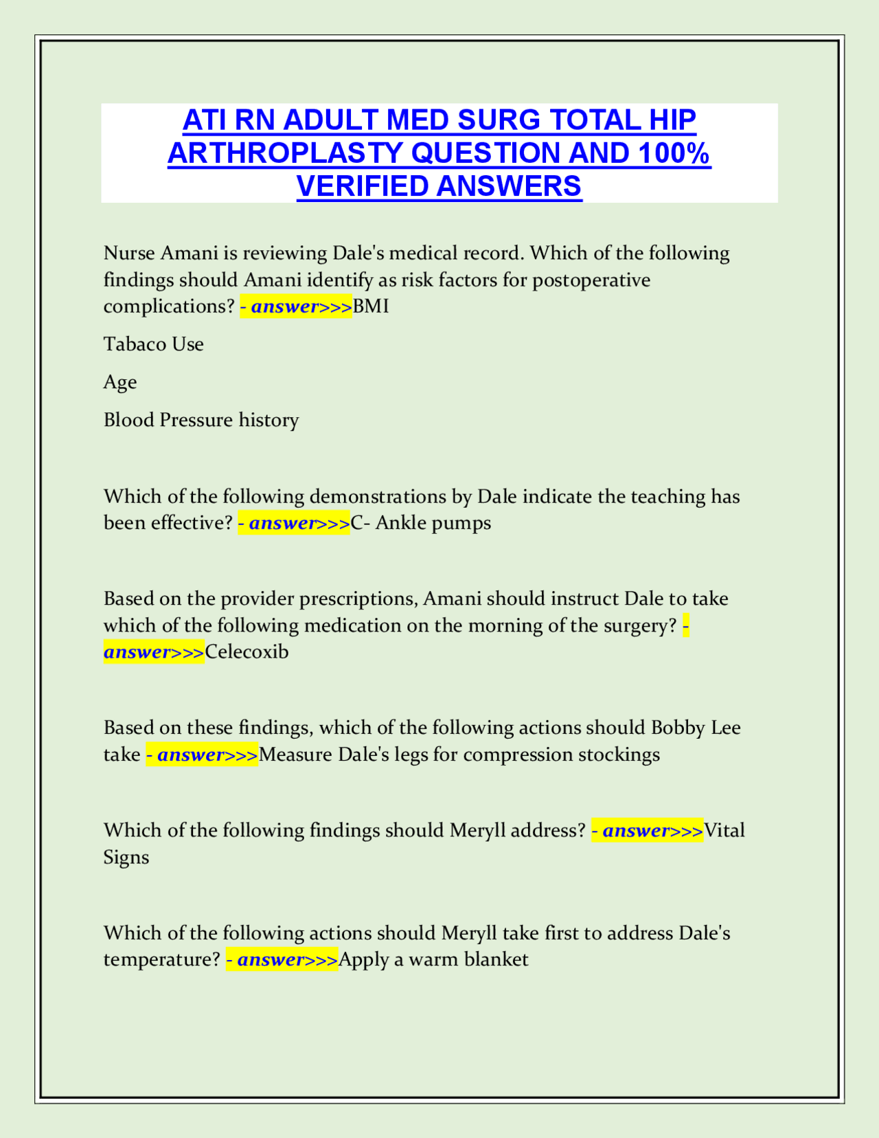 ATI RN ADULT MEDICAL SURGERY TOTAL HIP ARTHROPLASTY | Exams Nursing ...