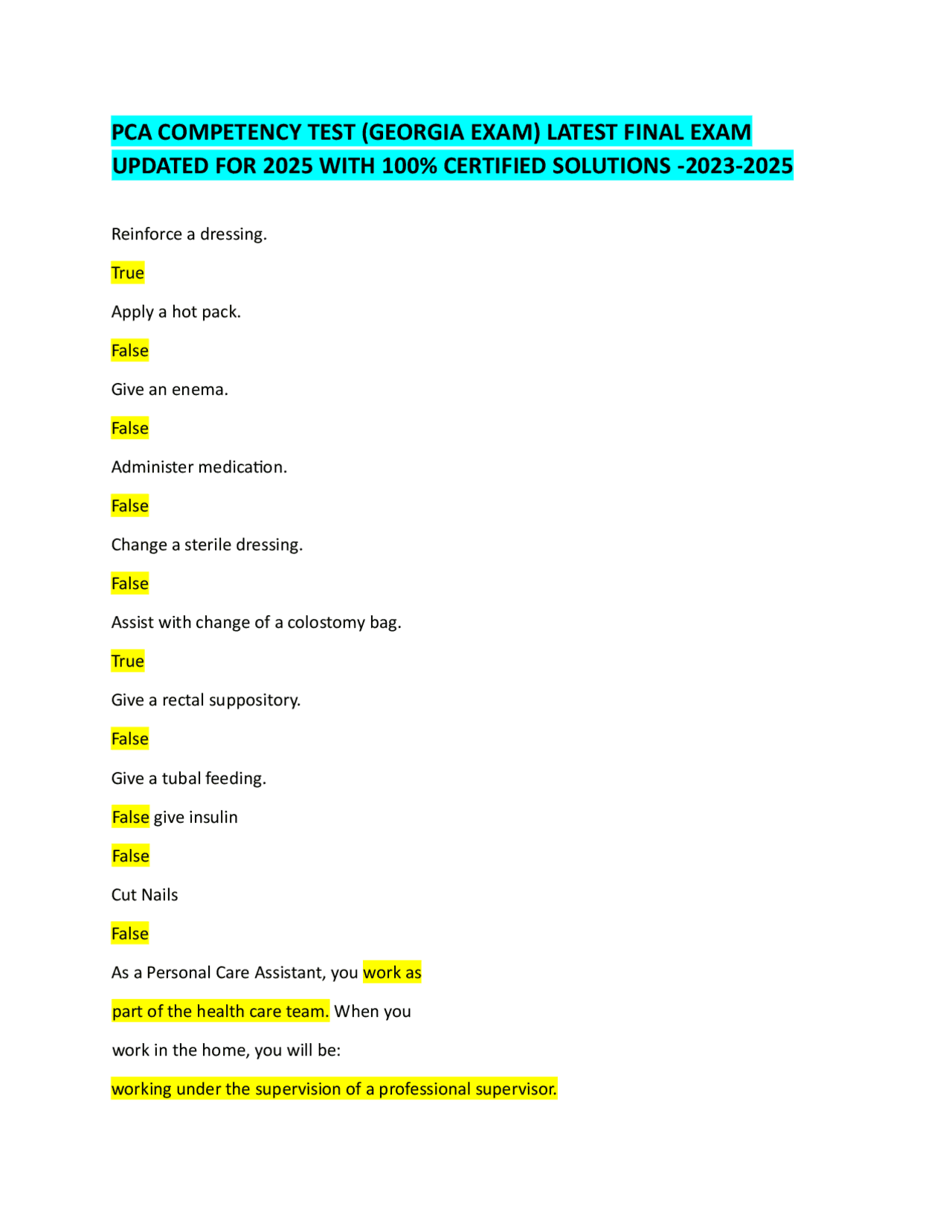 PCA COMPETENCY TEST (GEORGIA EXAM) LATEST FINAL EXAM UPDATED FOR 2025 ...