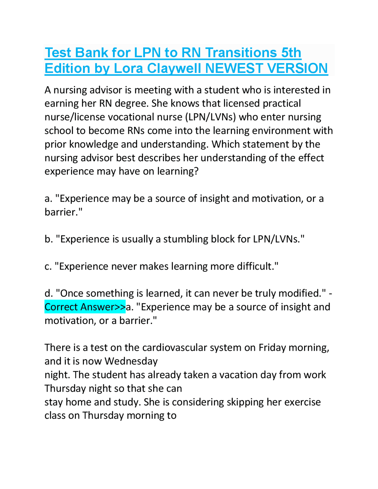 Test Bank for LPN to RN Transitions 5th Edition by Lora Claywell NEWEST ...