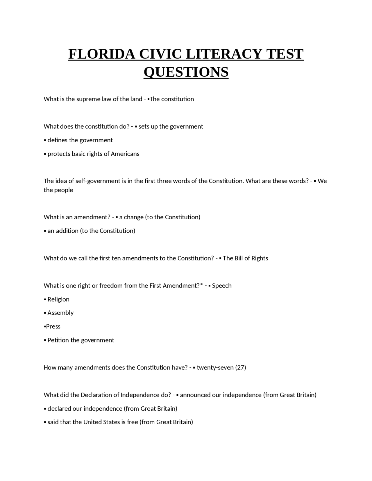 FLORIDA CIVIC LITERACY TEST QUESTIONS | Exams Advanced Education | Docsity