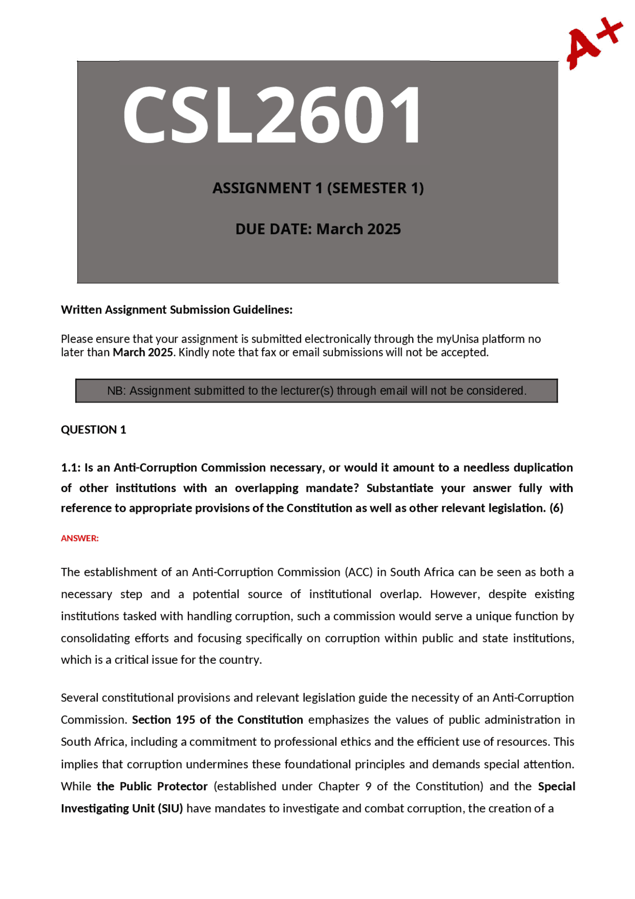 CSL2601 Assignment 1 Questions and Answers 2025 | Exams Nursing | Docsity