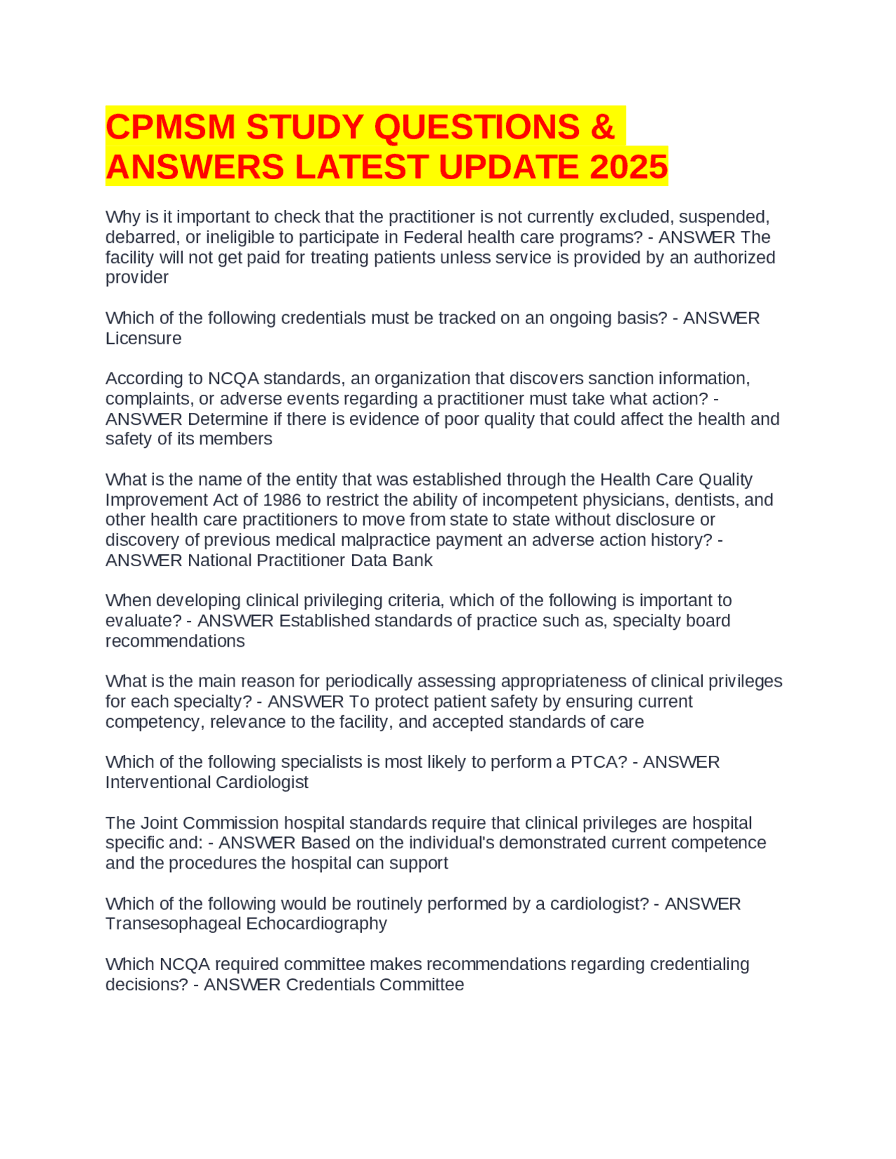 CPMSM STUDY QUESTIONS & ANSWERS LATEST UPDATE 2025 | Exams Nursing ...