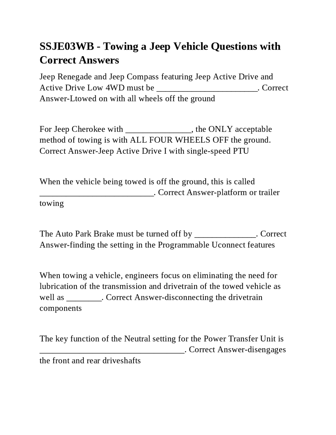 SSJE03WB - Towing a Jeep Vehicle Questions with Correct Answers | Exams ...