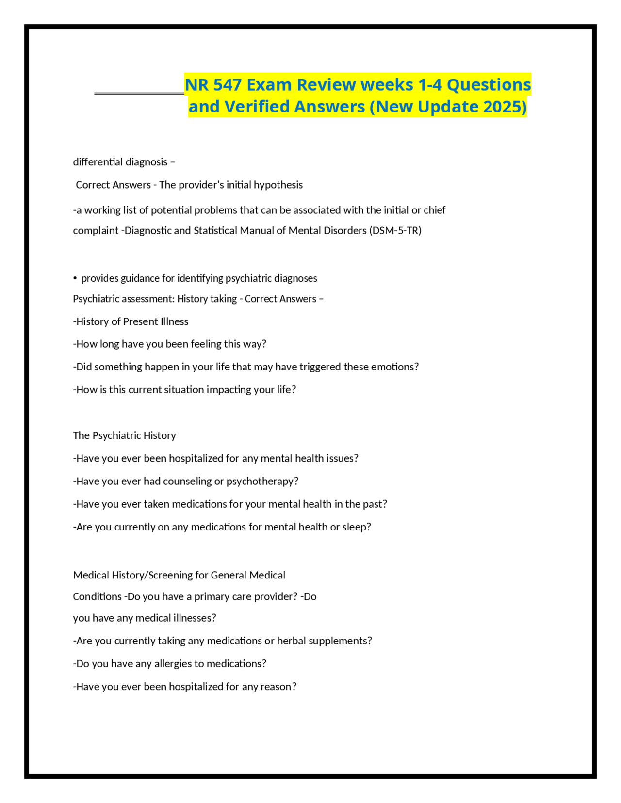 NR 547 Exam Review: Weeks 1-4 Questions and Answers on Psychiatric ...