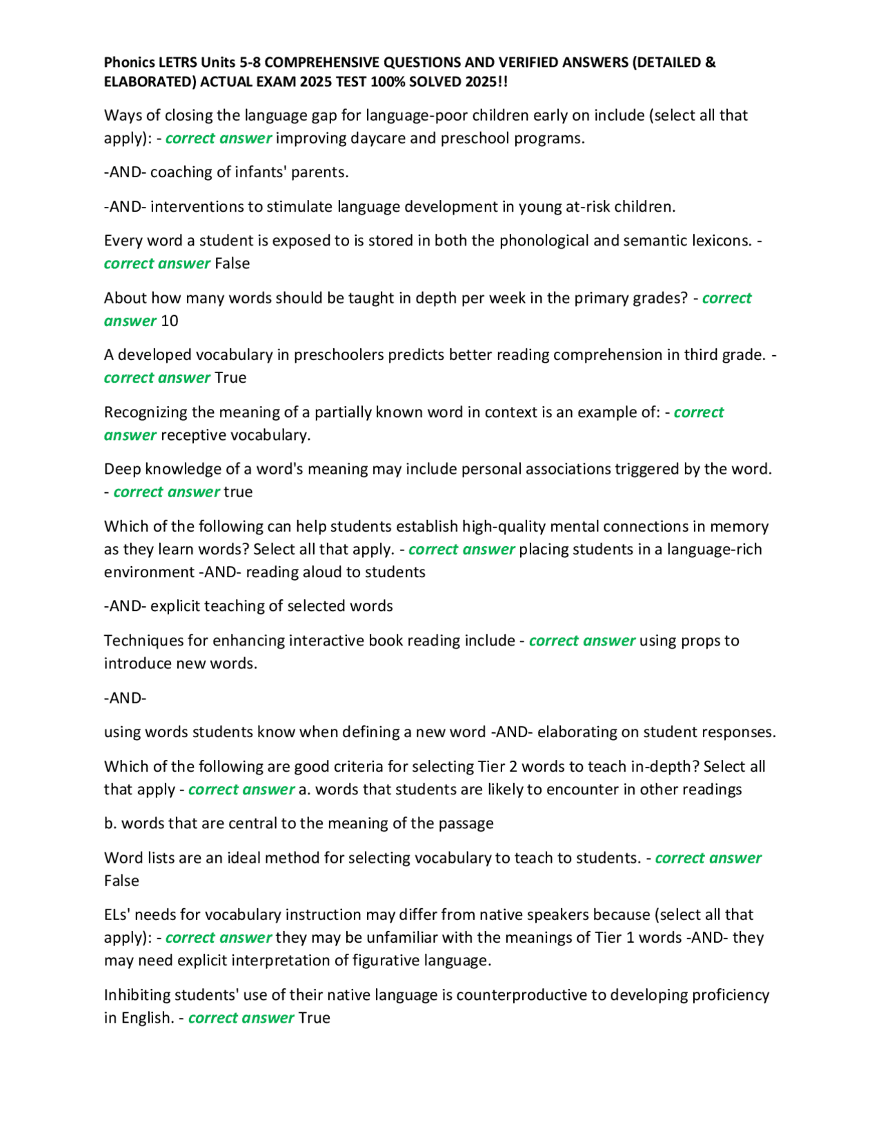 Phonics LETRS Units 5-8 COMPREHENSIVE QUESTIONS AND VERIFIED ANSWERS (DETAILED & ELABORATE ...