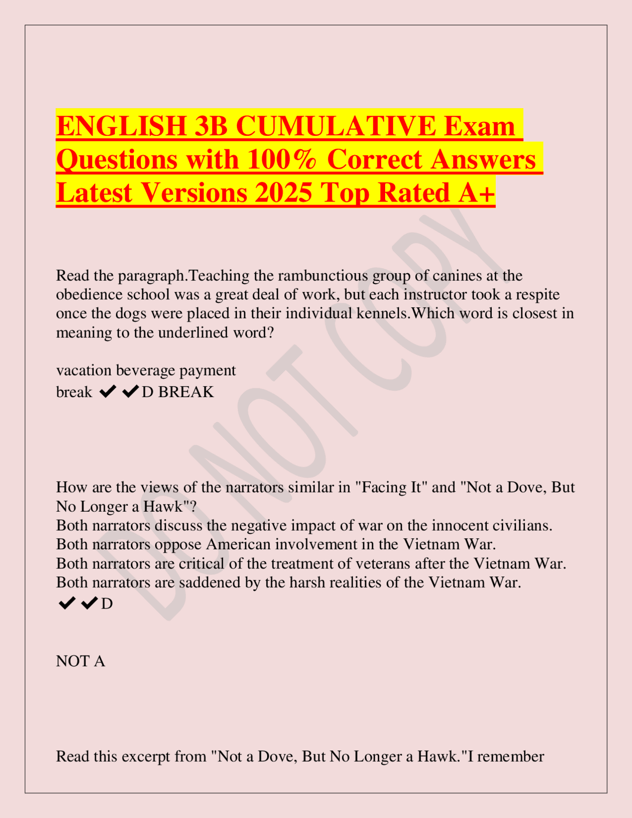 ENGLISH 3B CUMULATIVE Exam Questions with 100% Correct Answers Latest ...